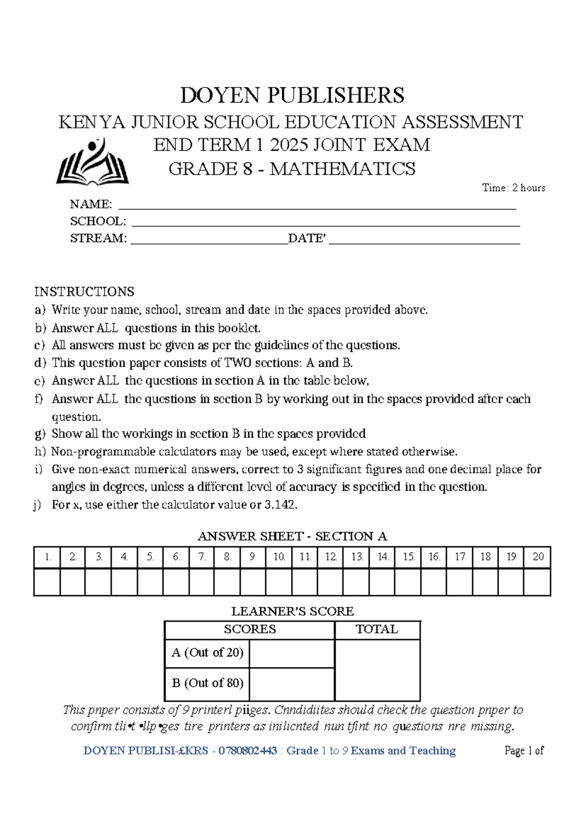 Grade 8 Mathematics End Term 1 2025 Joint Exam Paper - Studocu