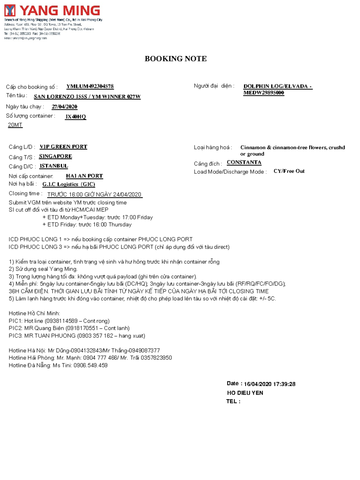 Booking Note 0204 - Yang Ming Shipping Details and Instructions - Studocu