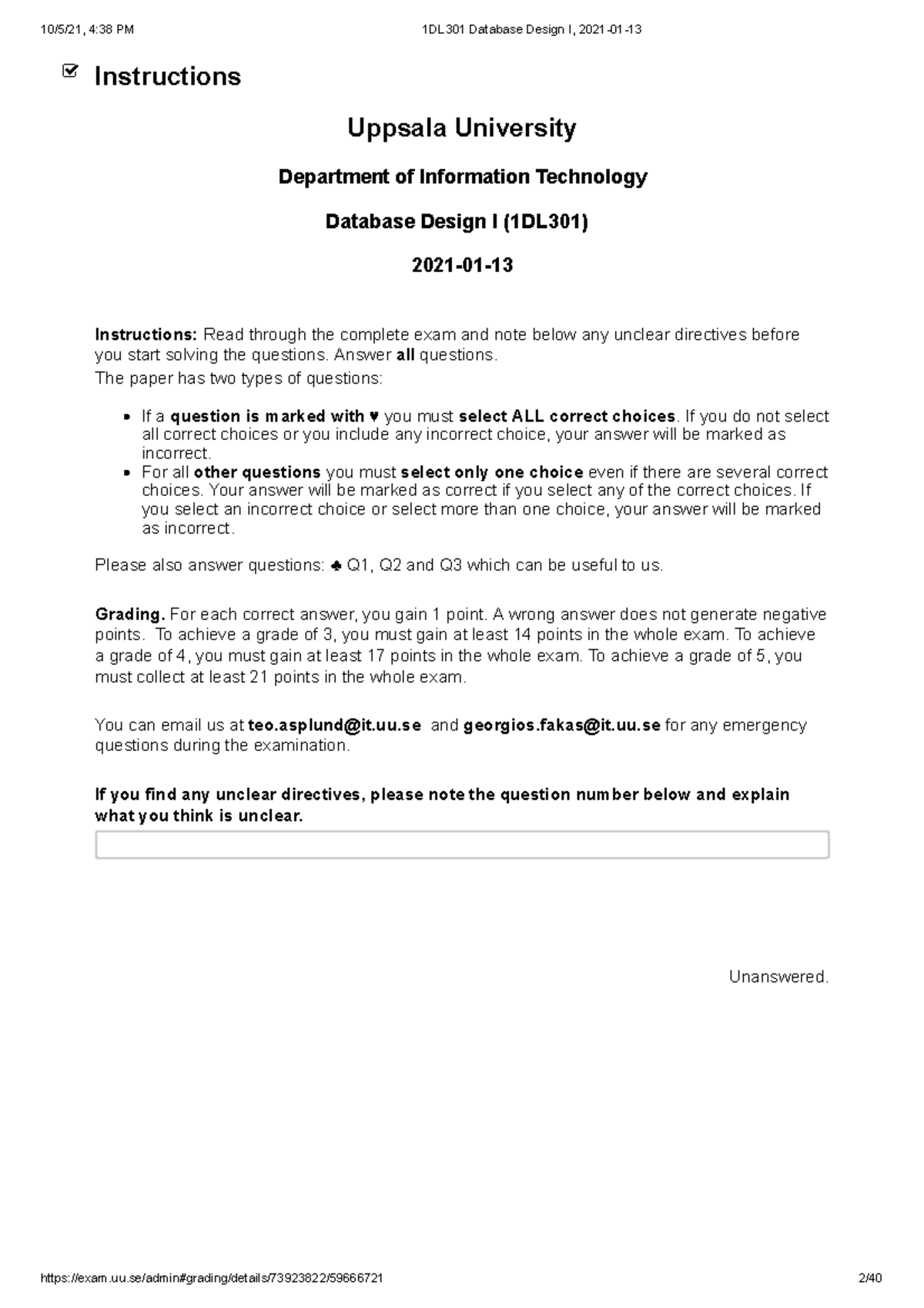 1DL301 Database Design I, 2021 Inspera Exam Instructions and Questions ...