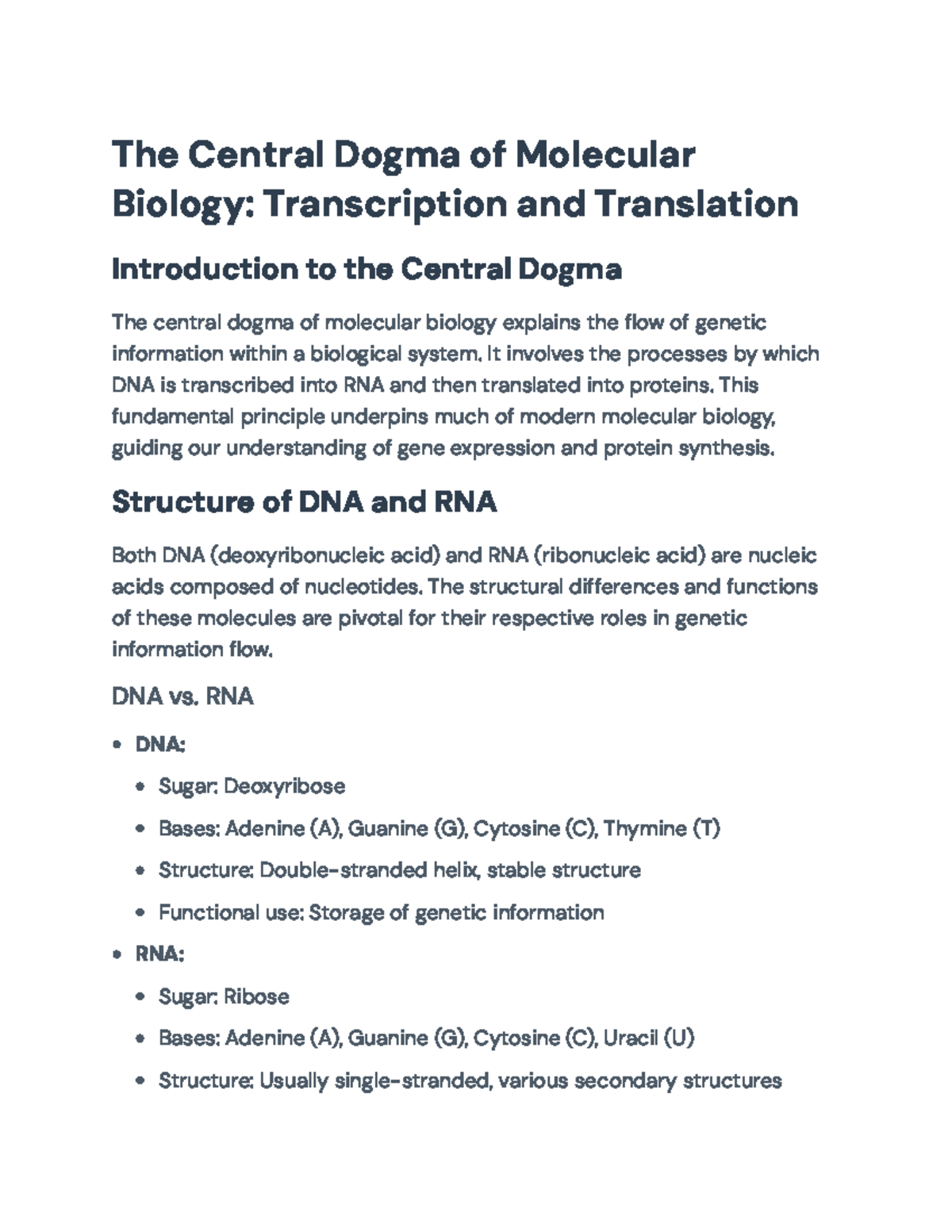 Central Dogma of Molecular Biology: Transcription and Translation Notes ...