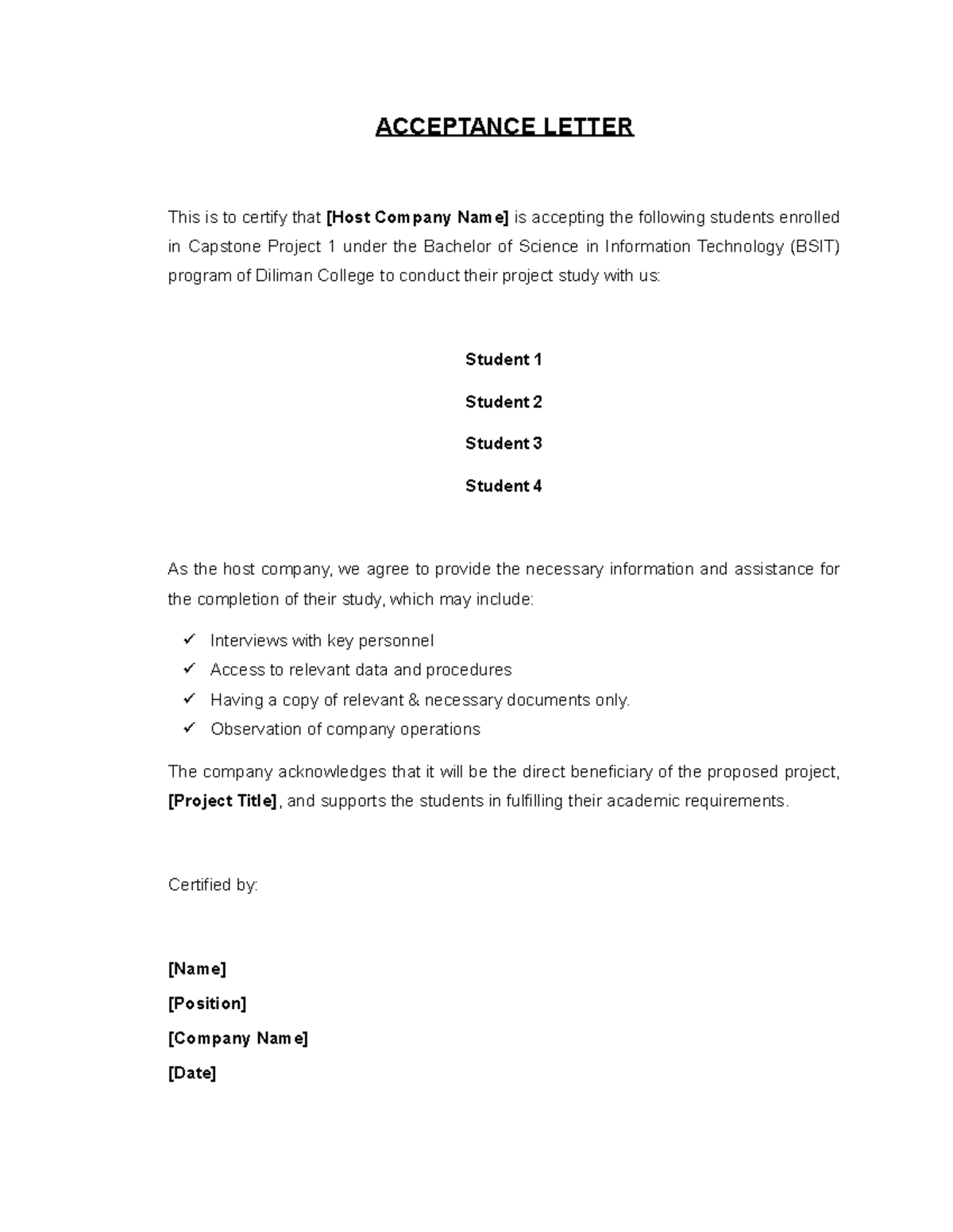 BSIT Capstone Project 1: Client Acceptance Letter - Studocu