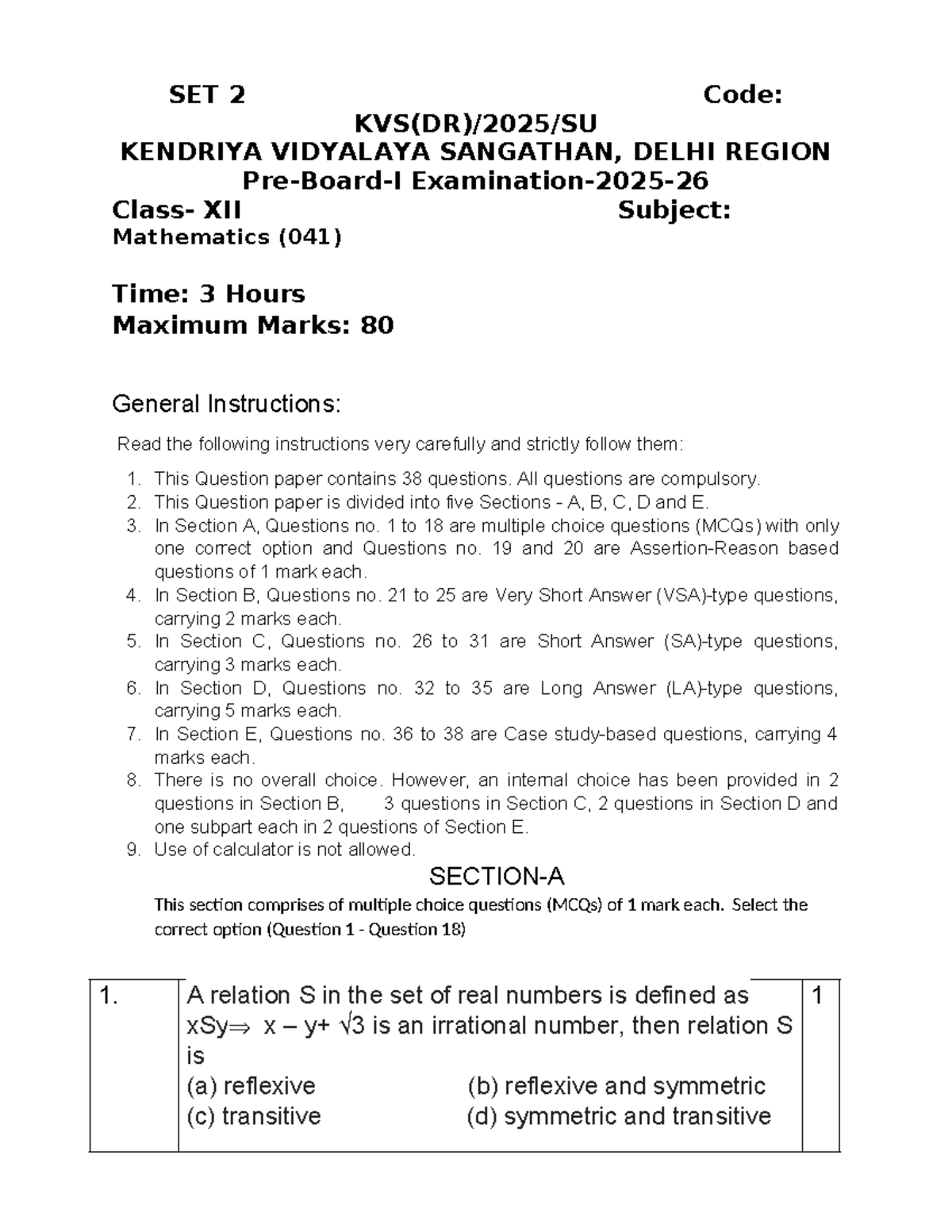 QP Maths XII SET 2 - KVS Delhi Region Exam Paper - Studocu
