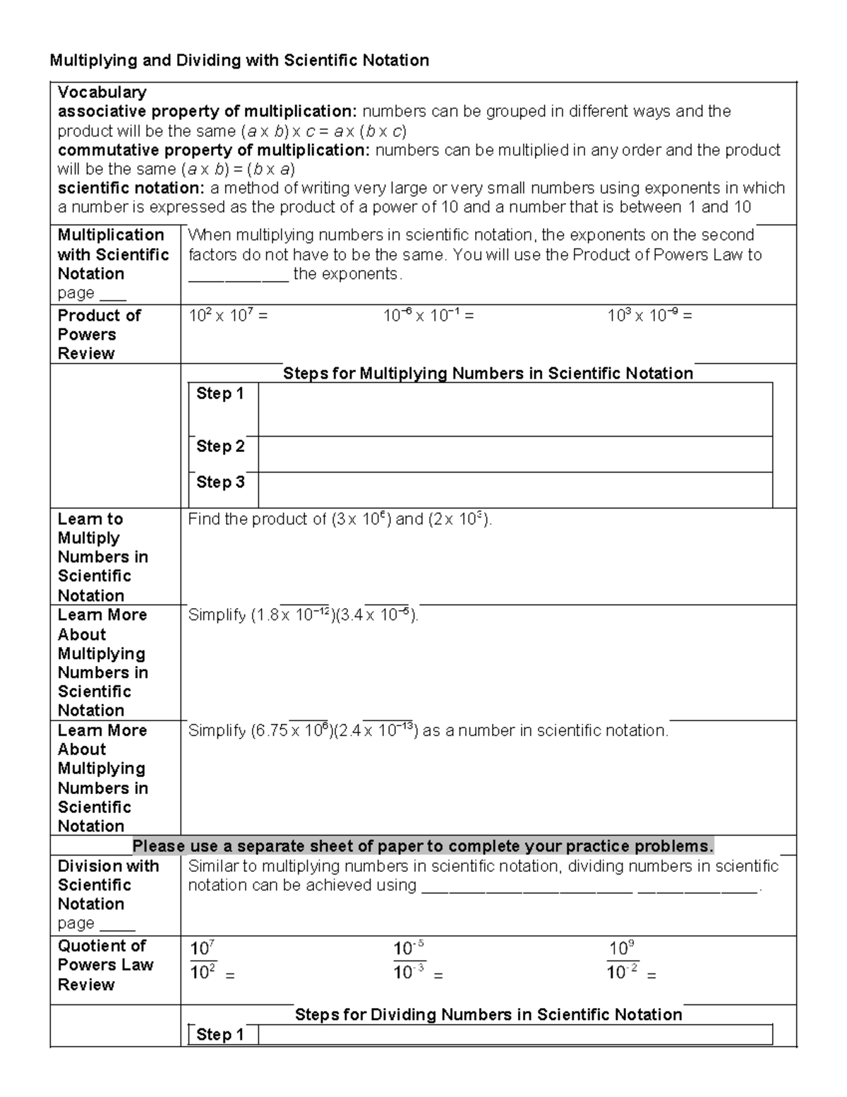 Multiplying and Dividing with Scientific Notation - Math 101 Workbook ...