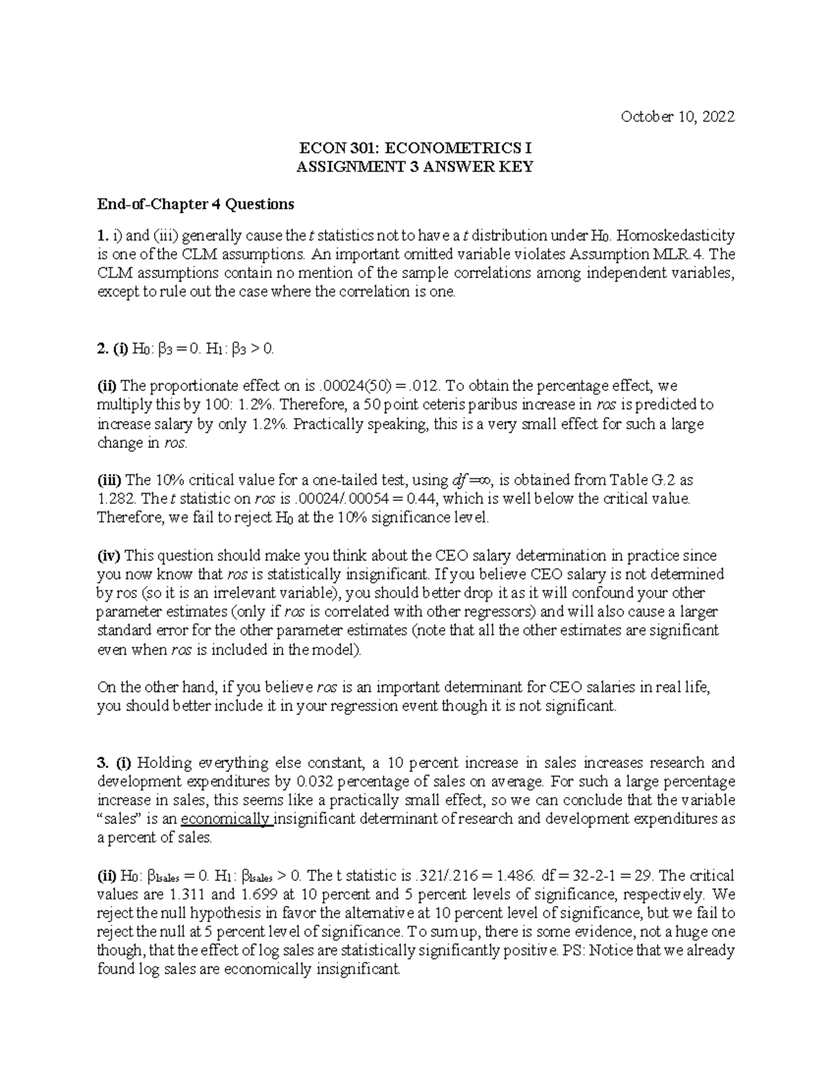 Assignment 3 Answer Key - October 10, 2022 ECON 301: ECONOMETRICS I ...