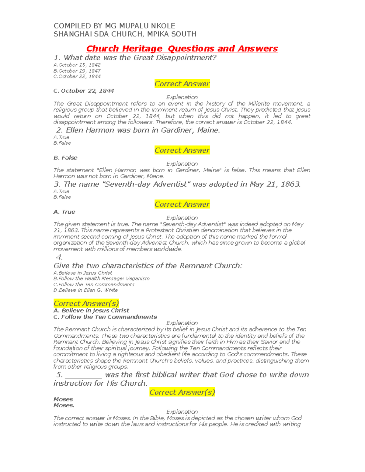 Church Heritage Quiz: Questions & Answers for SDA Curriculum - Studocu