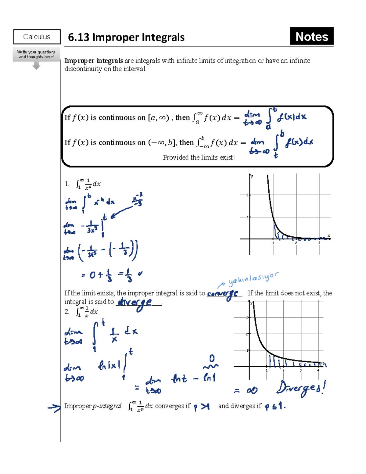 Calculus 6.13: Evaluating Improper Integrals and Convergence - Studocu