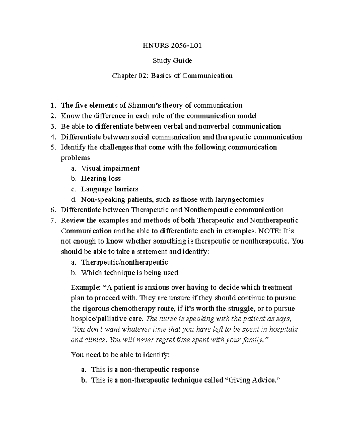HNURS Study Guide: Chapter 02 - Basics of Communication - Studocu