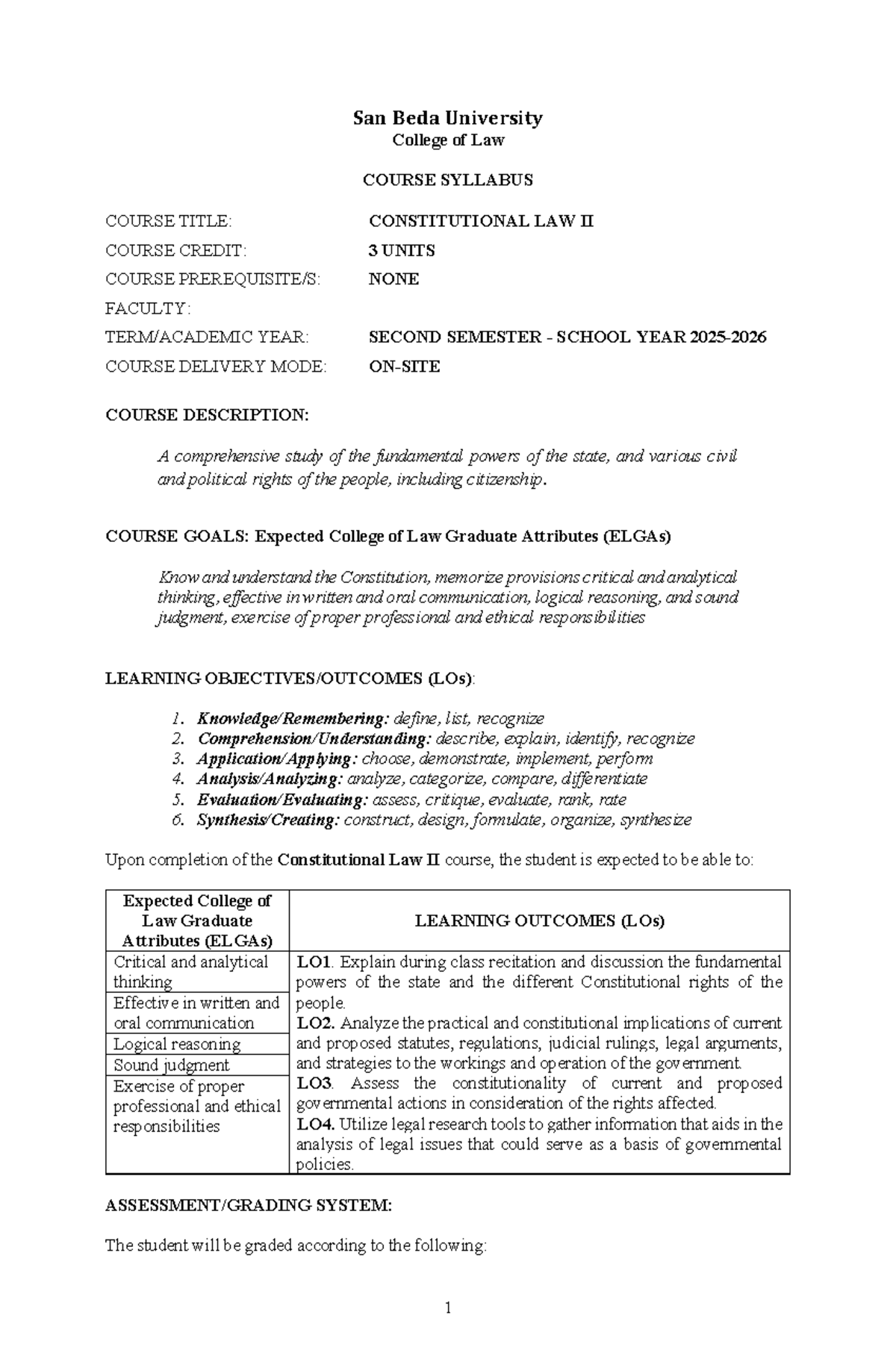 Constitutional Law II Syllabus (LAW 202) - SY 2025-26 - Studocu