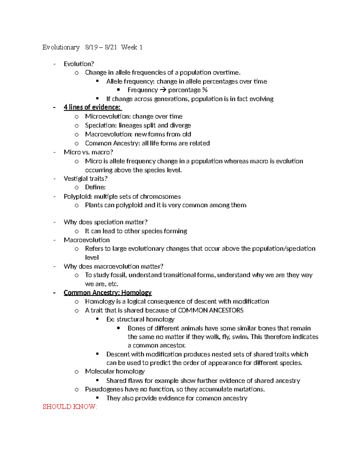 Evolutionary notes: Week 1 to Week 5 overview of key concepts - Studocu