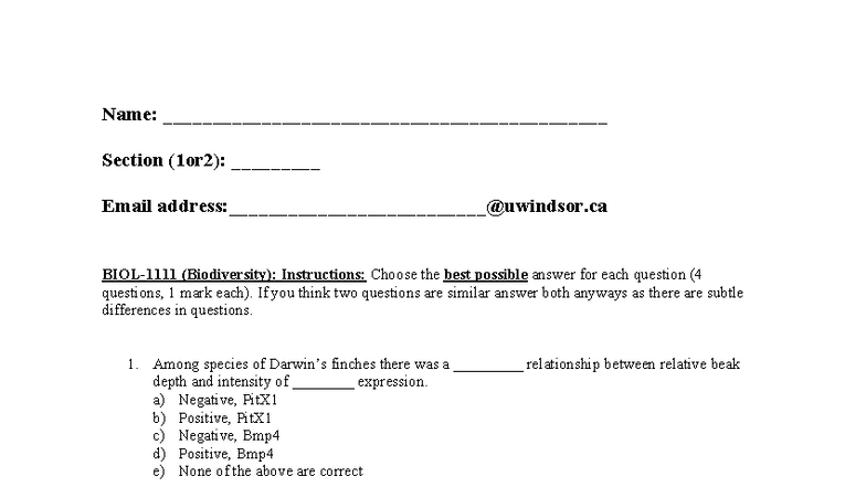 BIOL111 Final Exam: Biodiversity Test Questions - Studocu