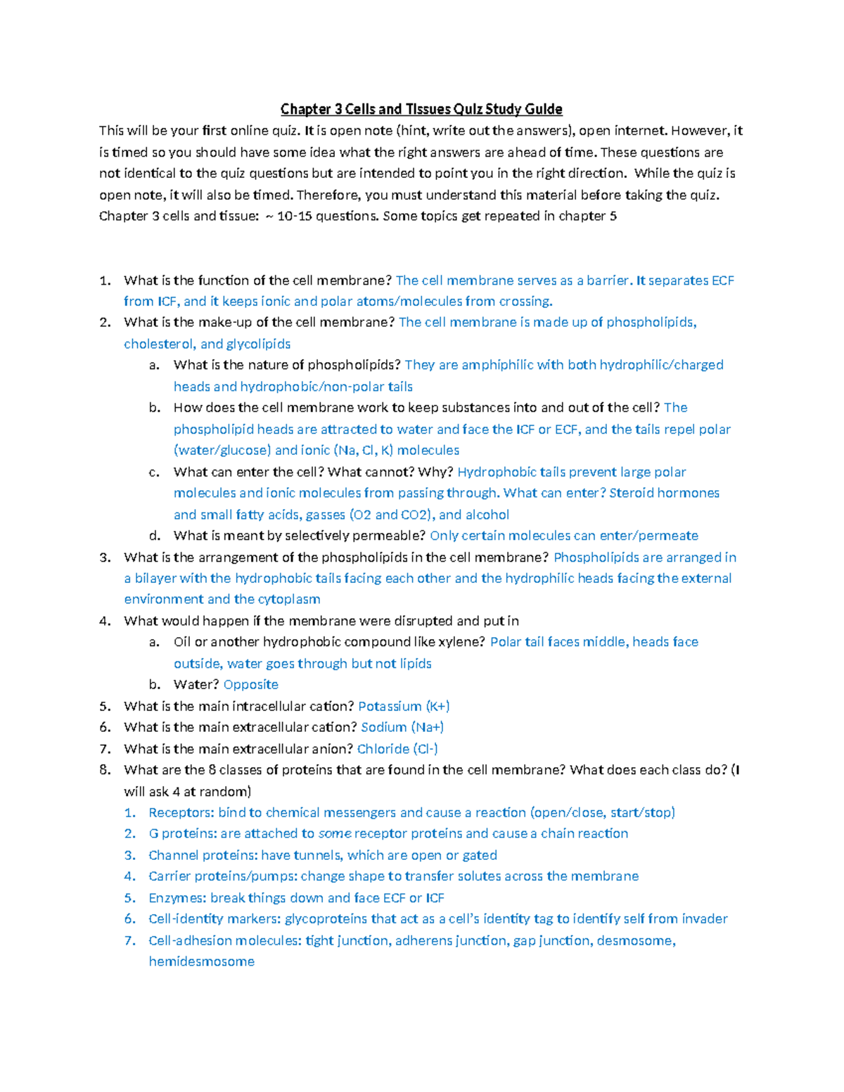 Lecture Quiz 1 Study Guide: Chapter 3 Cells & Tissues - Studocu