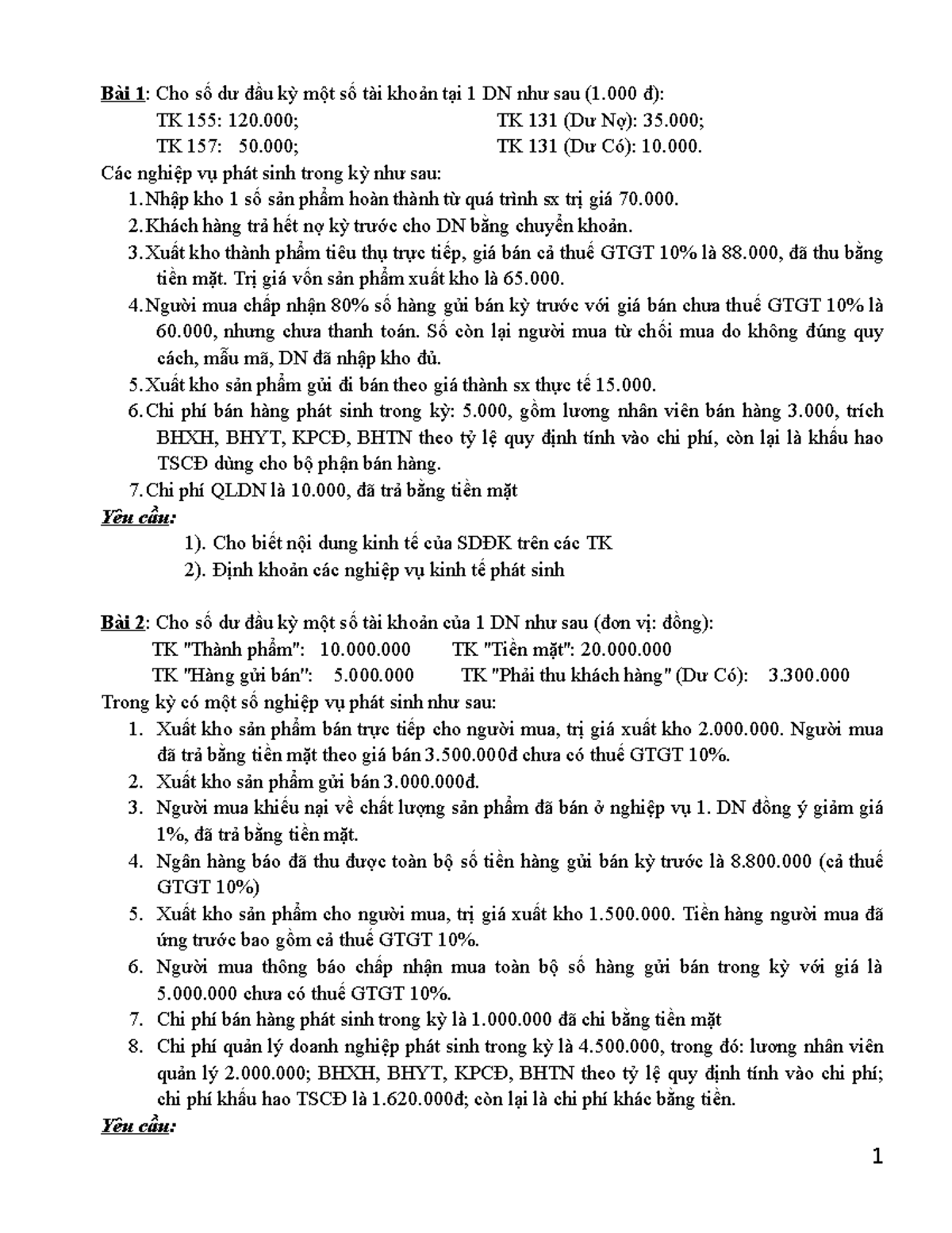BT Kế Toán QT Tiêu Thụ & Xác Định KQ - Bài Tập 1 đến 4 - Studocu