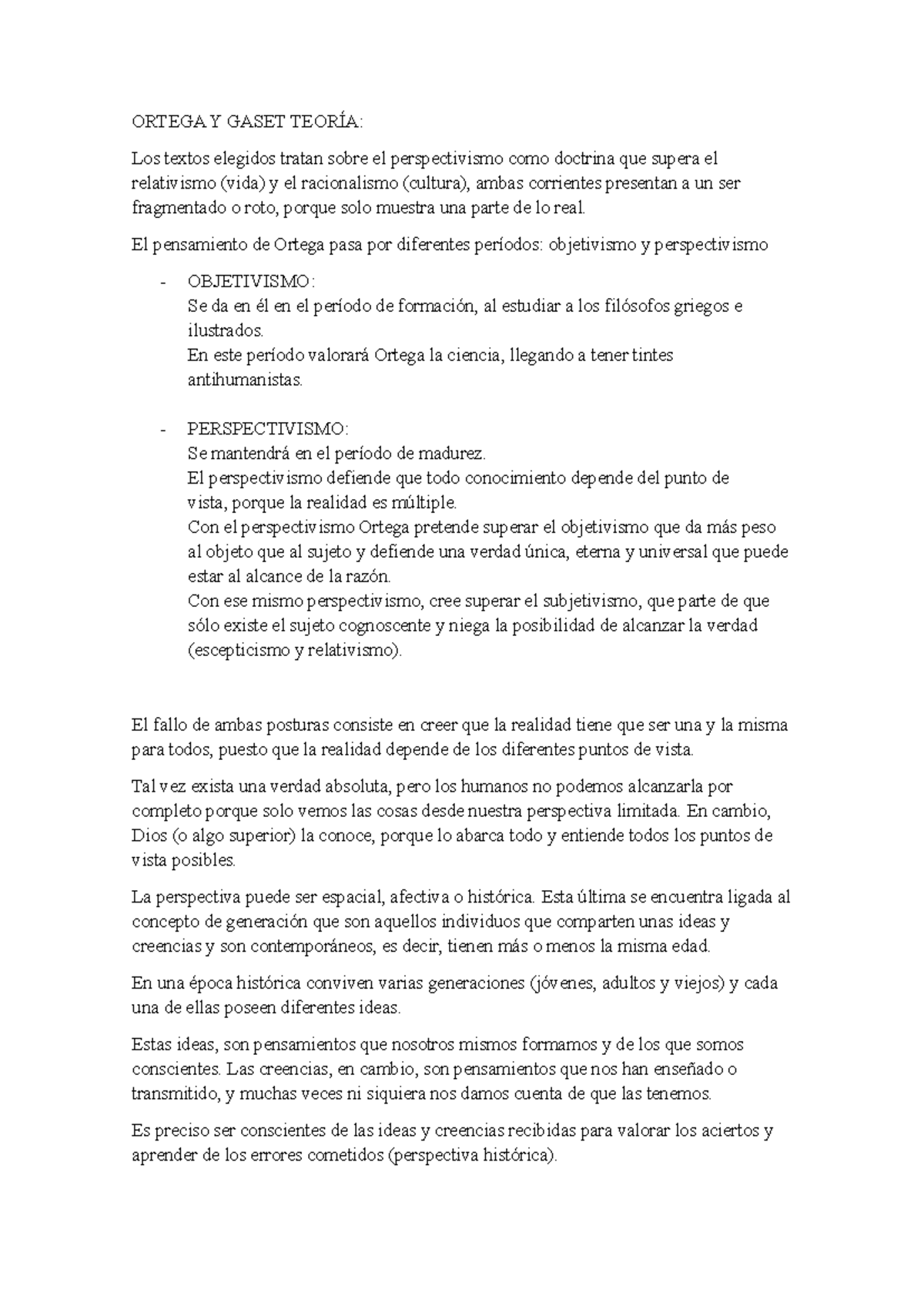 ORTEGA Y GASET TEORÍA: Perspectivismo y Objetivismo en Filosofía - Studocu