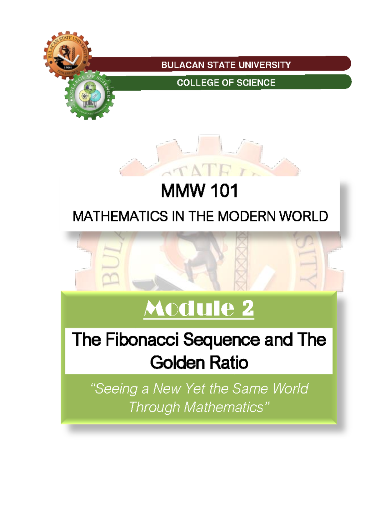 Final Exam: MMW 101 - The Fibonacci Sequence and Golden Ratio - Studocu