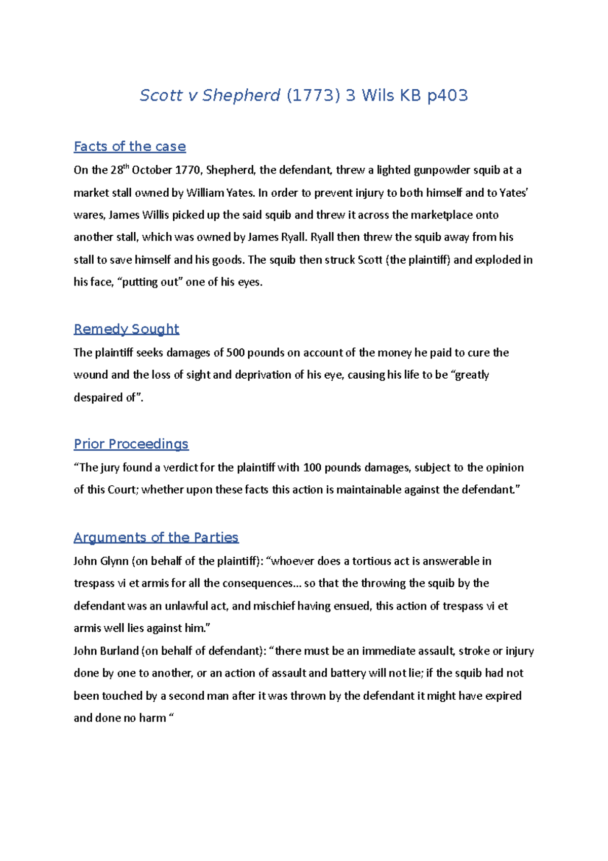 Scott v Shepherd 1770 case brief - Scott v Shepherd (1773) 3 Wils KB ...