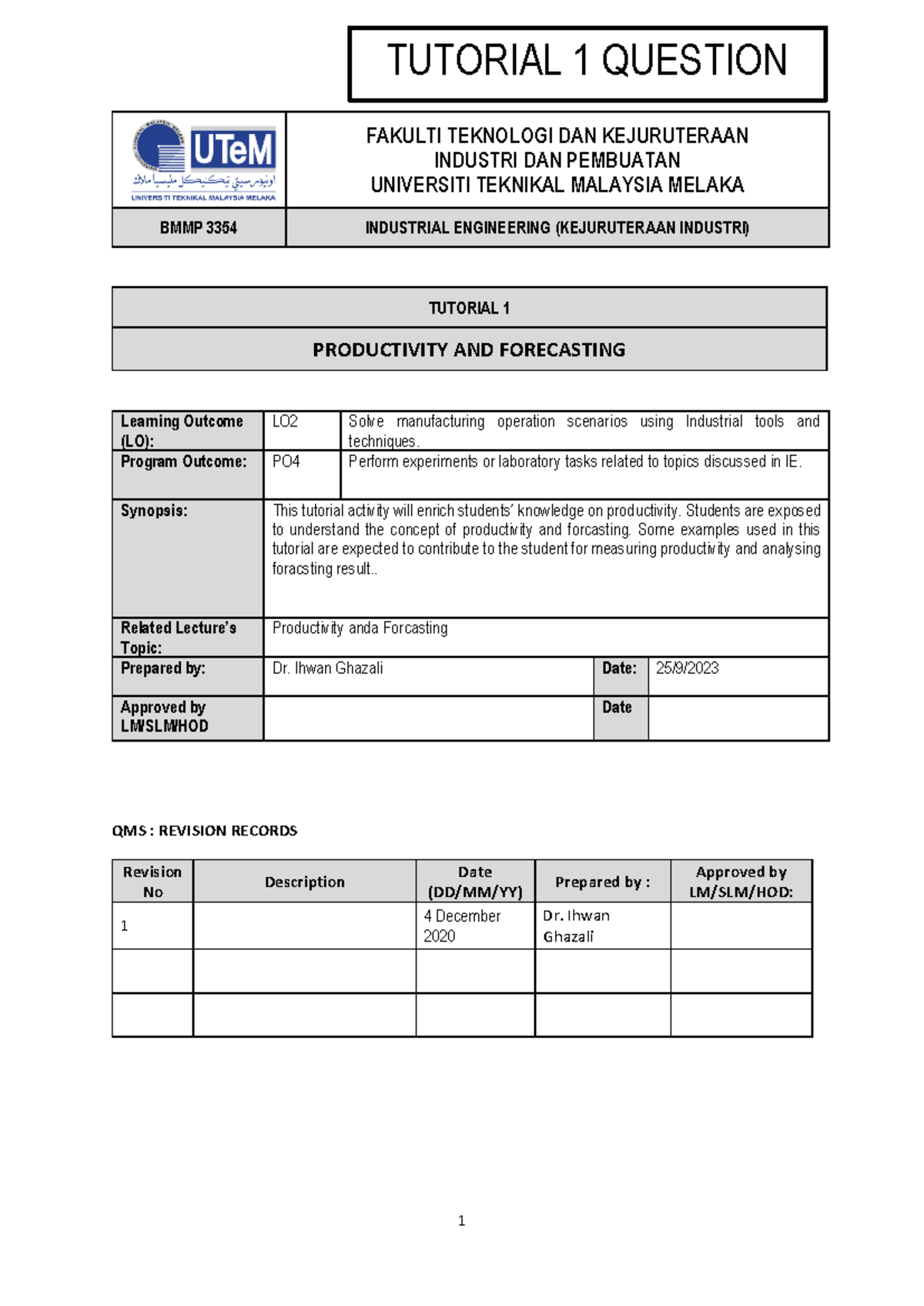 Tutorial Industrial Engineering Fakulti Teknologi Dan Kejuruteraan