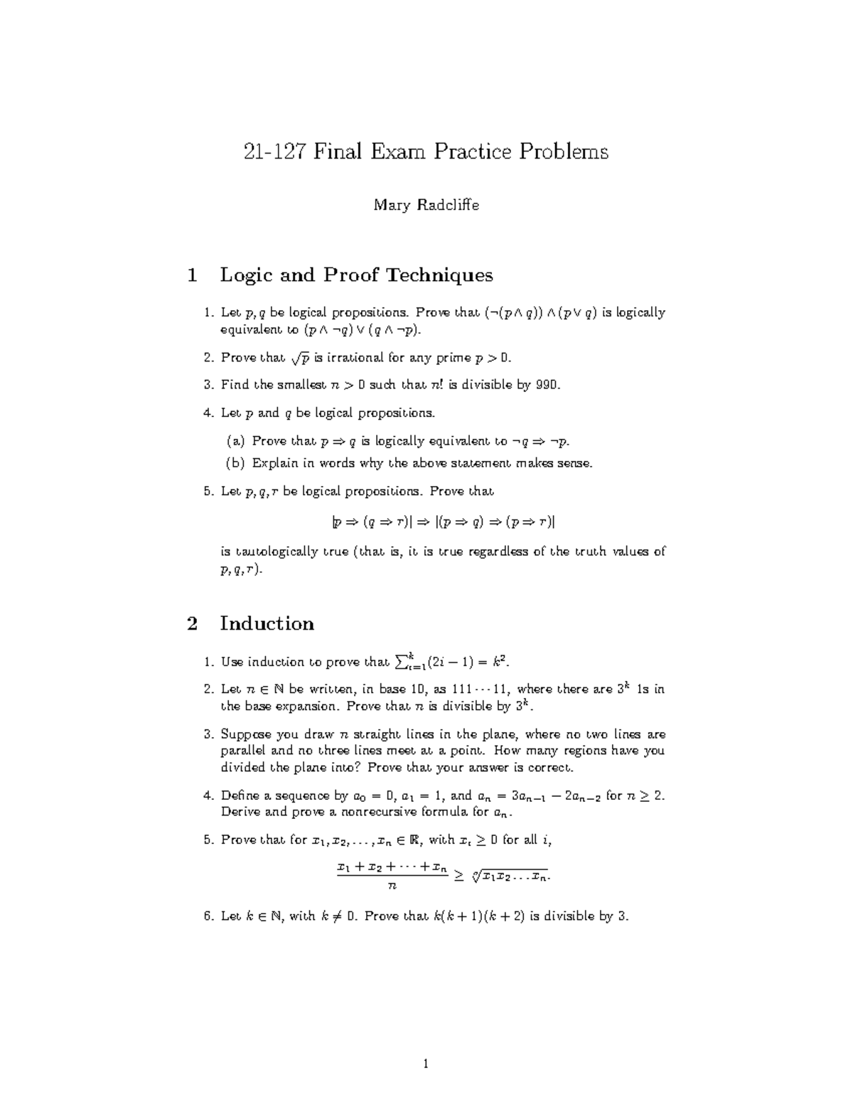 Final Prep Problems - 21-127 Final Exam Practice Problems Mary Radcliffe 1 Logic and Proof - Studocu