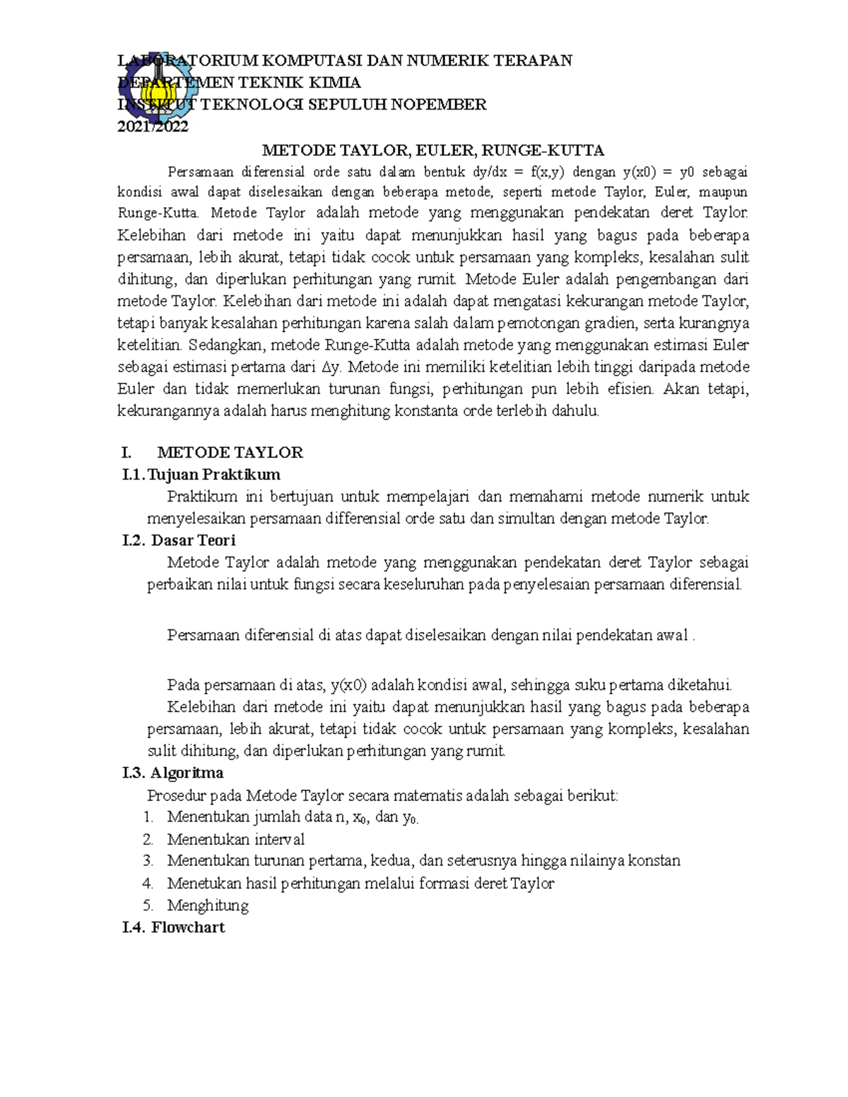 Metode Numerik Orde Satu: Taylor, Euler, Runge-Kutta - Teknik Kimia ...