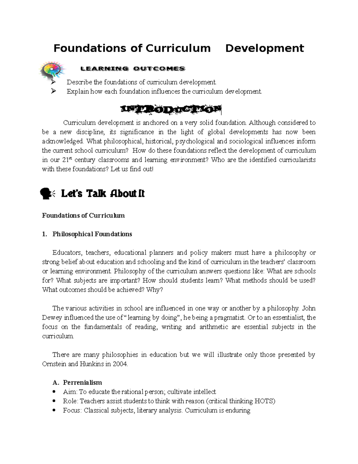 Module 2 - Docs - Foundations of Curriculum Development Describe the ...