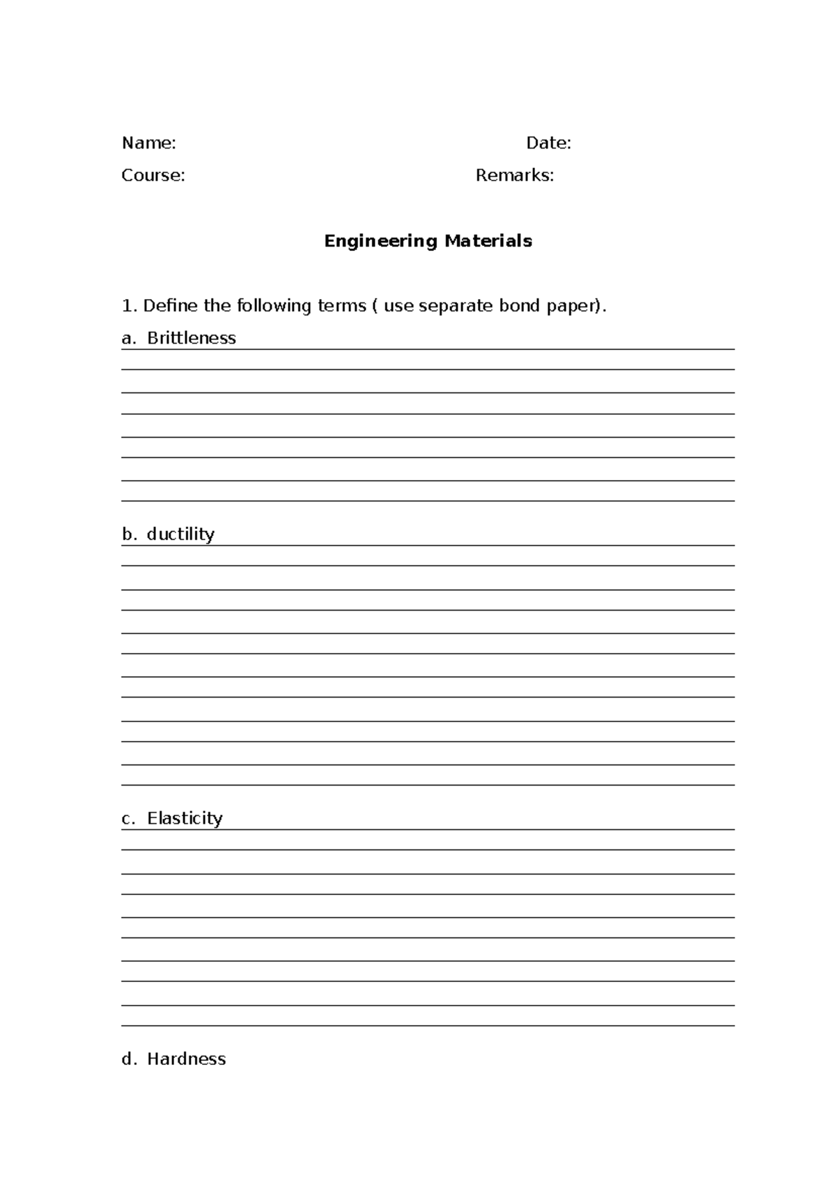 Strength of Materials Activity - Engineering Materials Study Guide ...