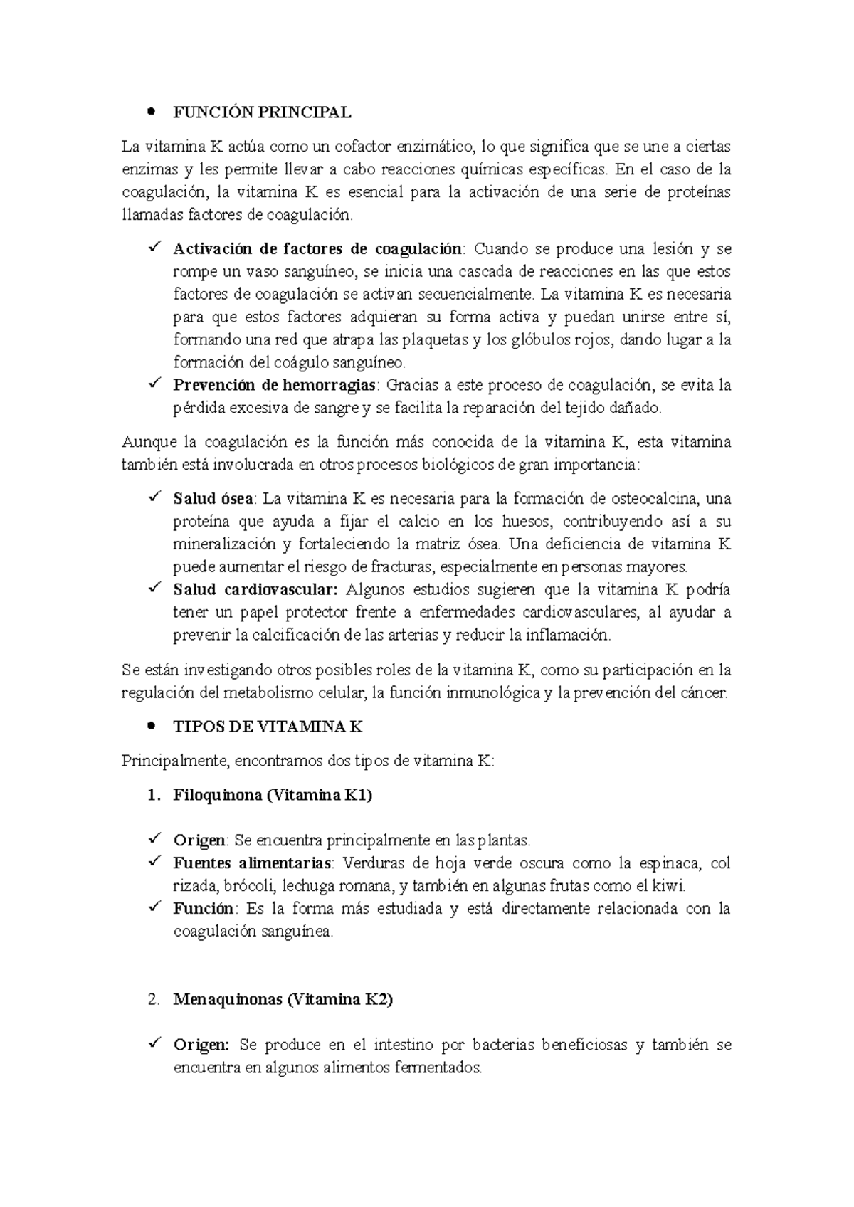 Vitamina K: Funciones, Tipos y Mecanismos de Acción en Medicina - Studocu