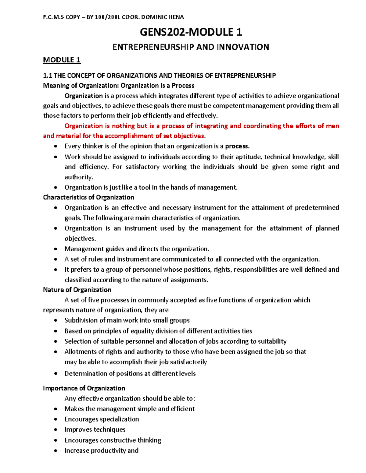 GENS202 Summary of Entrepreneurship & Innovation Modules 1-5 for Test 1 ...