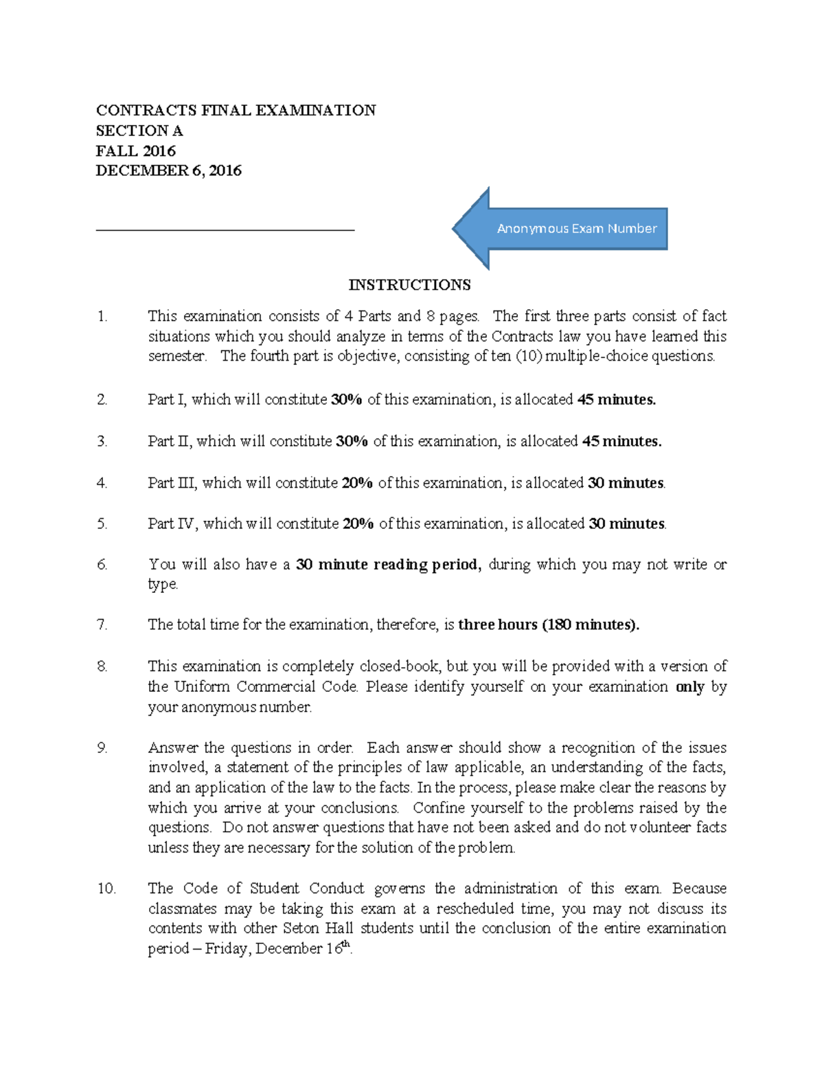 Final 2016 Contracts Exam - CONTRACTS FINAL EXAMINATION SECTION A FALL ...
