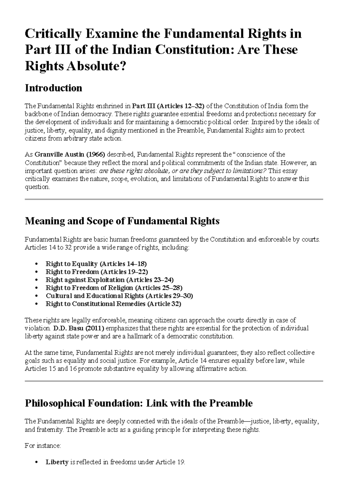 Critical Analysis of Fundamental Rights in Part III of the Indian ...