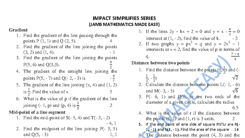 Coordinate Geometry: JAMB Mathematics Made Easy (IMPACT SIMPILIFIES ...