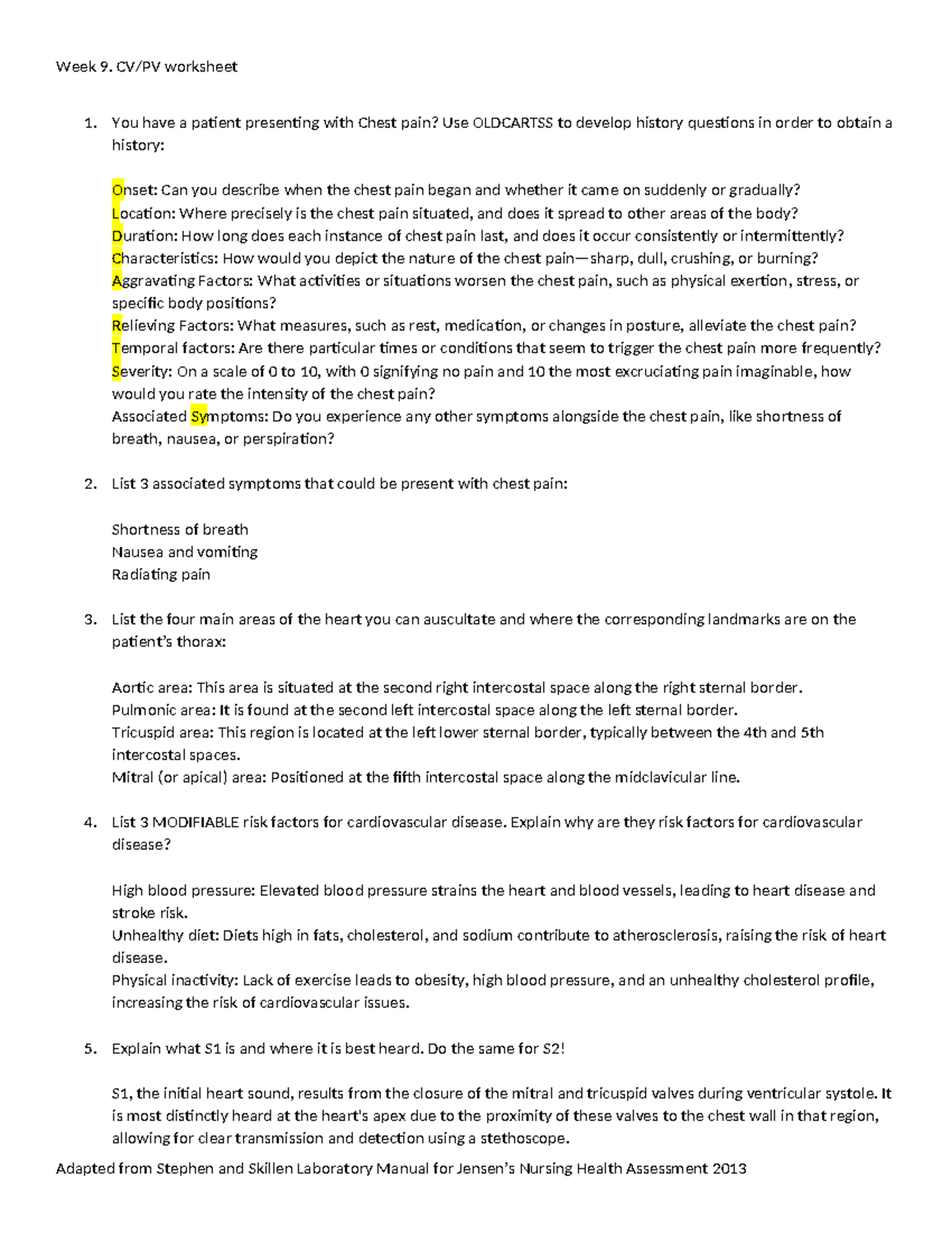 Week 9 CV/PV Worksheet: Patient Assessment and Risk Factors - Studocu