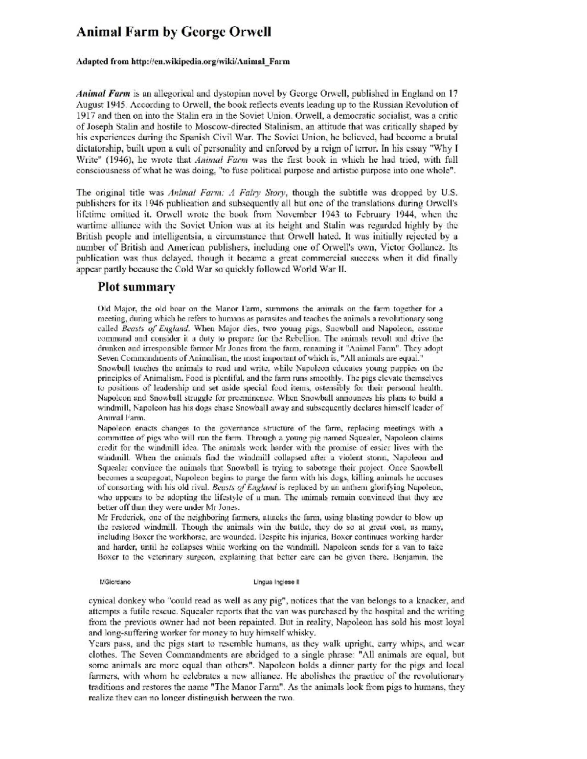 Animal Farm Lecture: Analyzing Orwell's Allegorical Masterpiece - Studocu