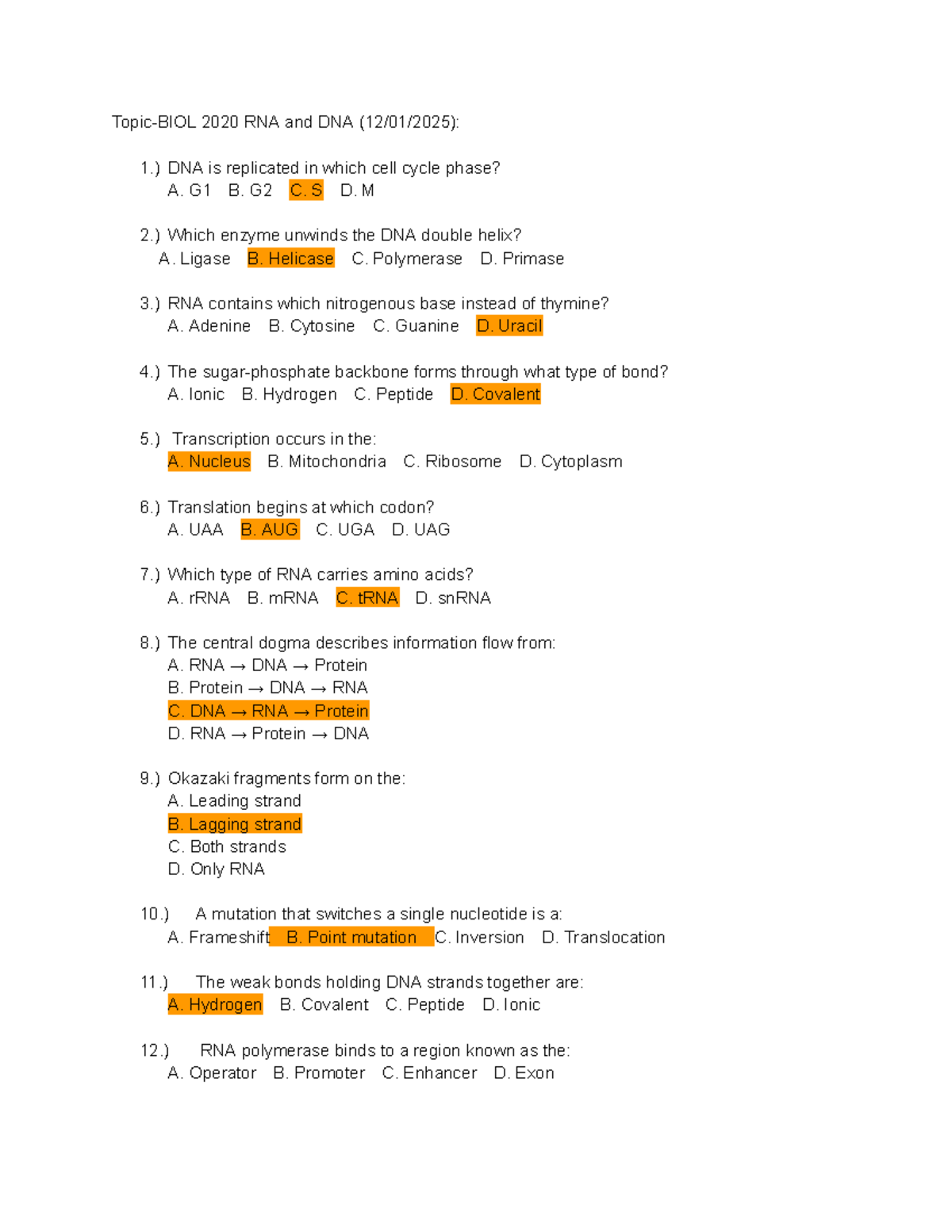 DNA and RNA Topic Final Extra Credit (BIO101) - Studocu