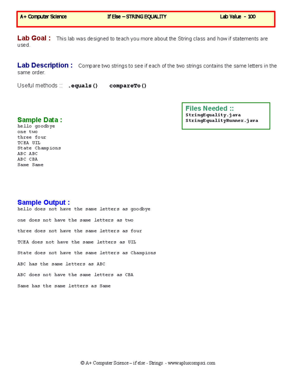 Lab on String Equality and If Statements - A+ CS (CS101) - Studocu
