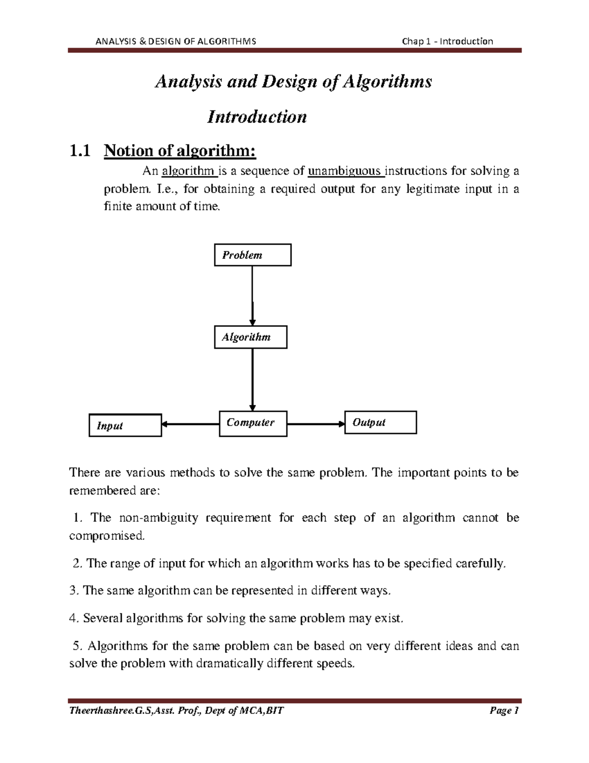 ANALYSIS DESIGN OF ALGORITHMS (MCA) - Chapter 1 Overview and Concepts - Studocu