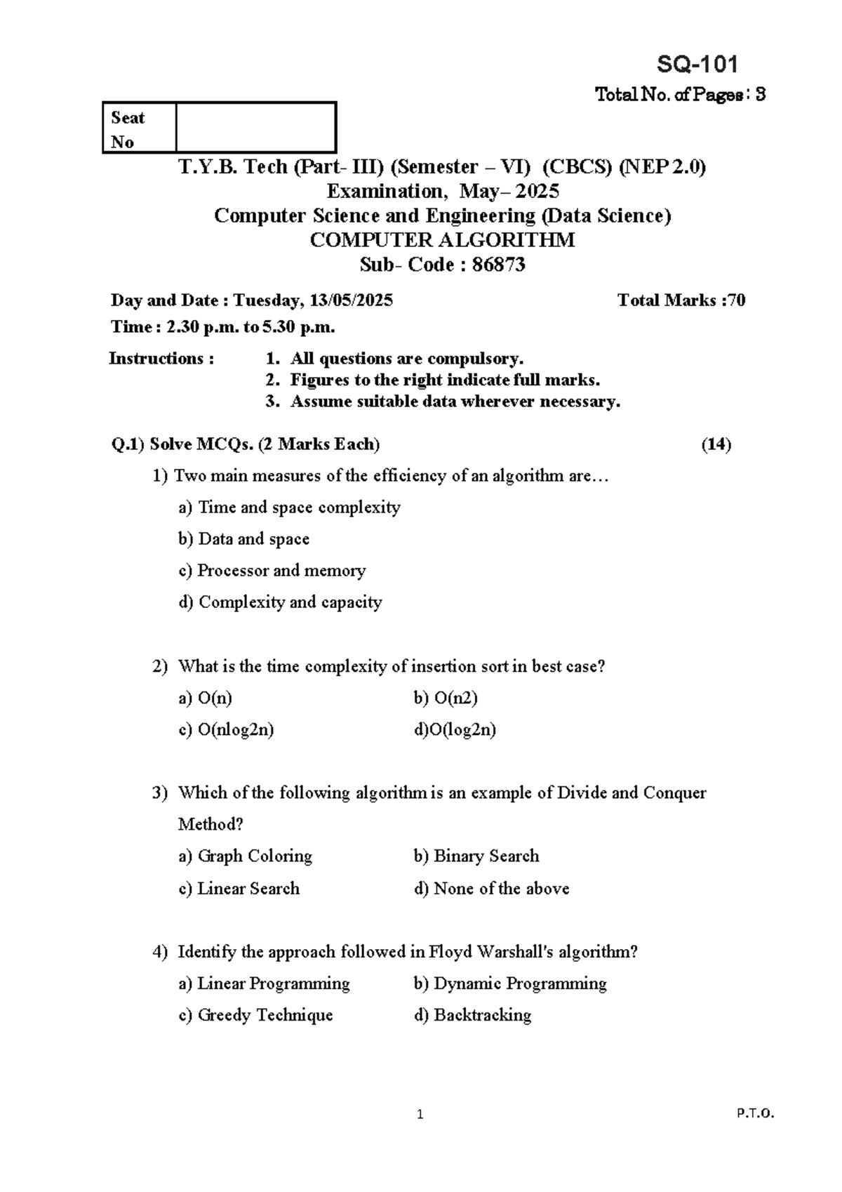 CA 86873 T.Y.B. Tech (Sem VI) Exam 2025: Computer Algorithms Q&A - Studocu