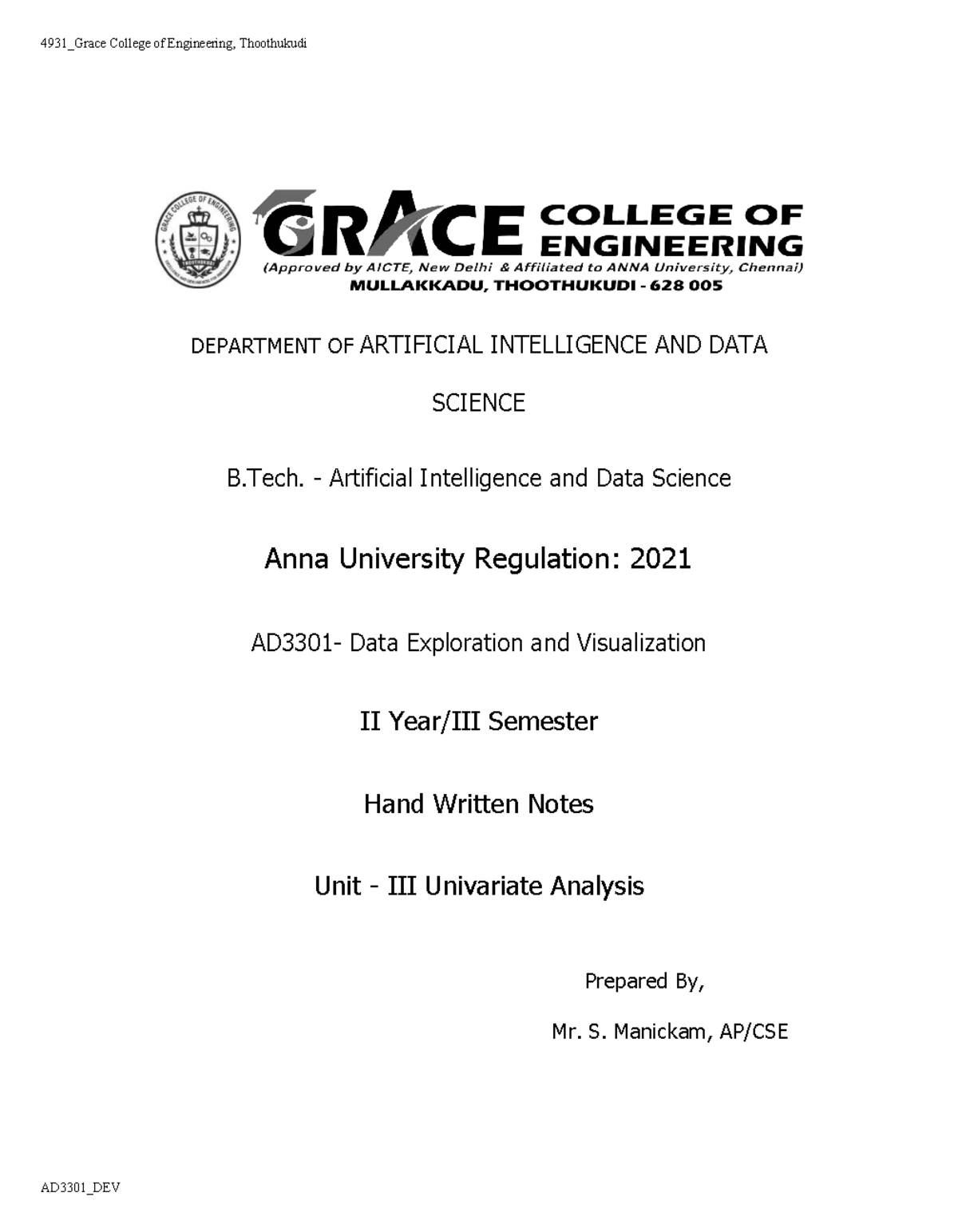AD3301_DEV: Univariate Analysis Handwritten Notes for II Sem - Studocu