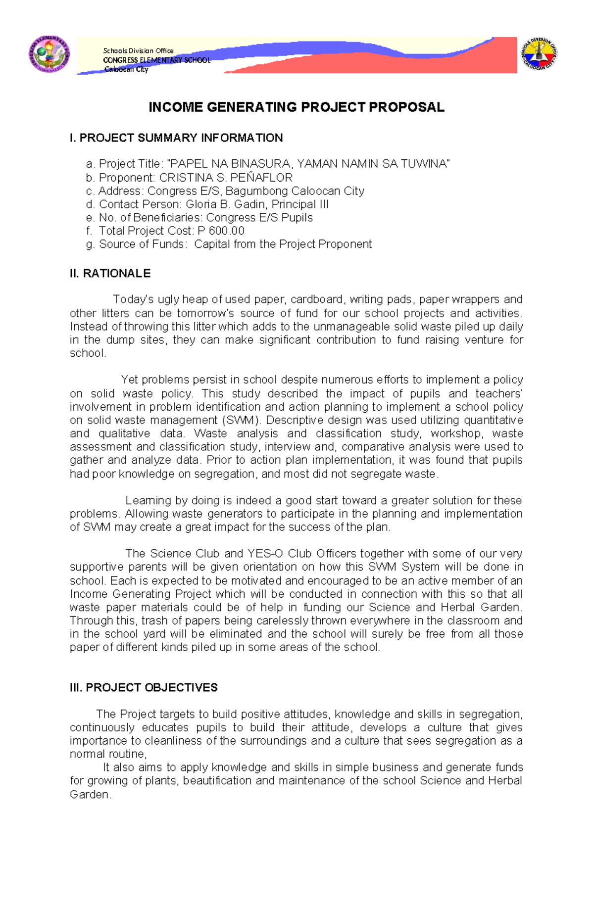 Income Generating Project Proposal: NA Binasura, Yaman Namin sa - Studocu