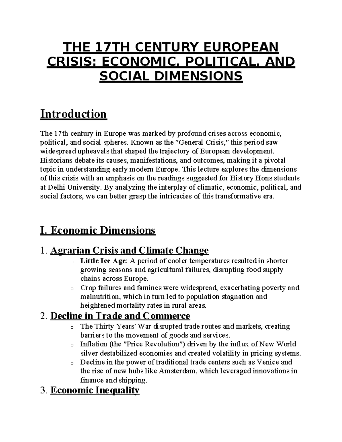 HIST HONS 17th Century European Crisis: Economic, Political, and Social ...