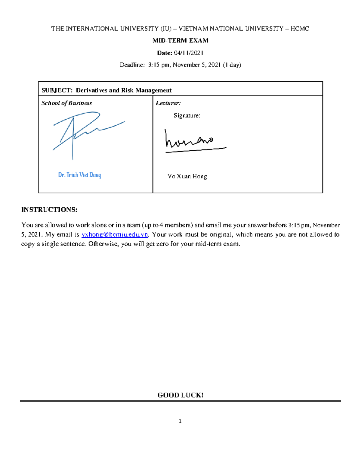 Midterm Exam Sample: Derivatives and Risk Management (BUS 101) - Studocu