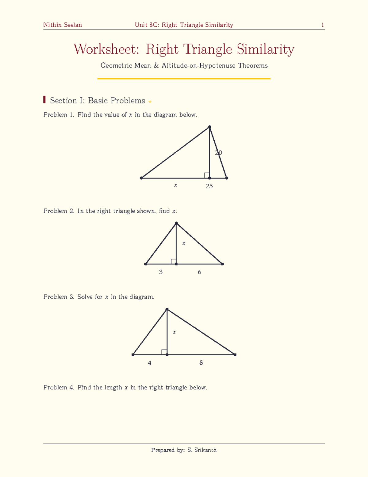 Unit 8C: Right Triangle Similarity Worksheet - Geometric Mean Problems ...