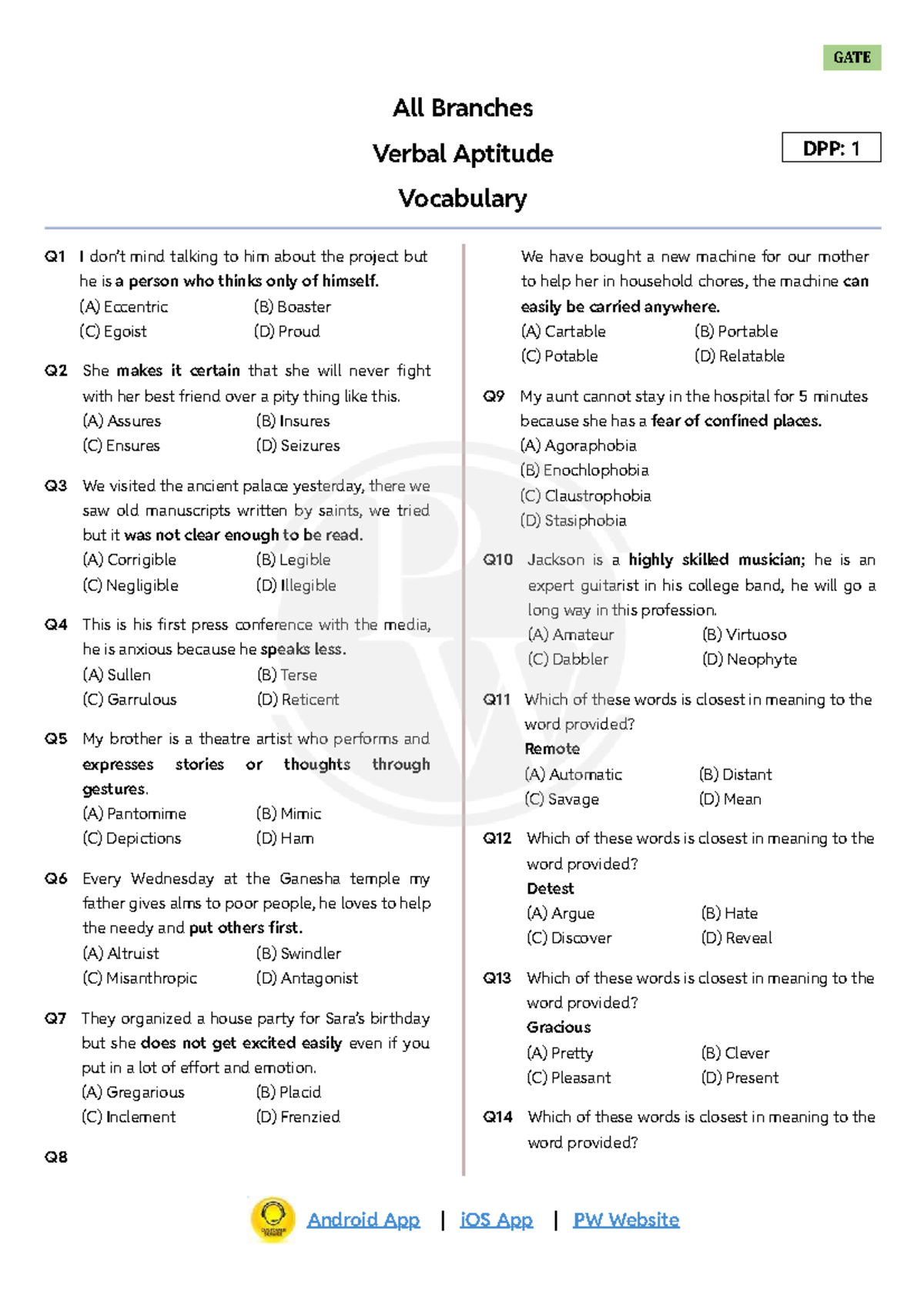 GATE All Branches DPP: 1 Verbal Aptitude Vocabulary Practice - Studocu
