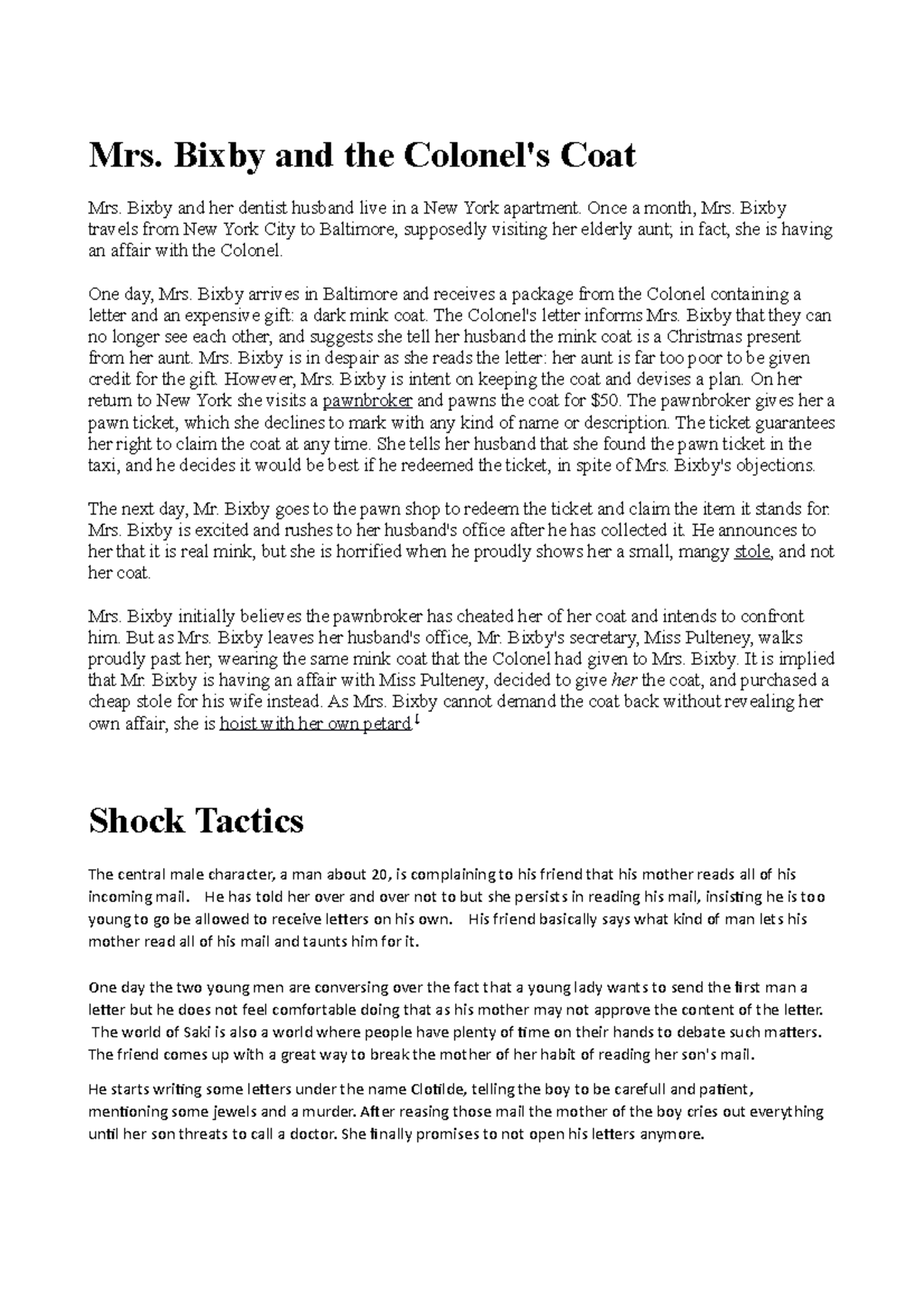Mrs Bixby and Shock tactics summary - Mrs. Bixby and the Colonel's Coat ...