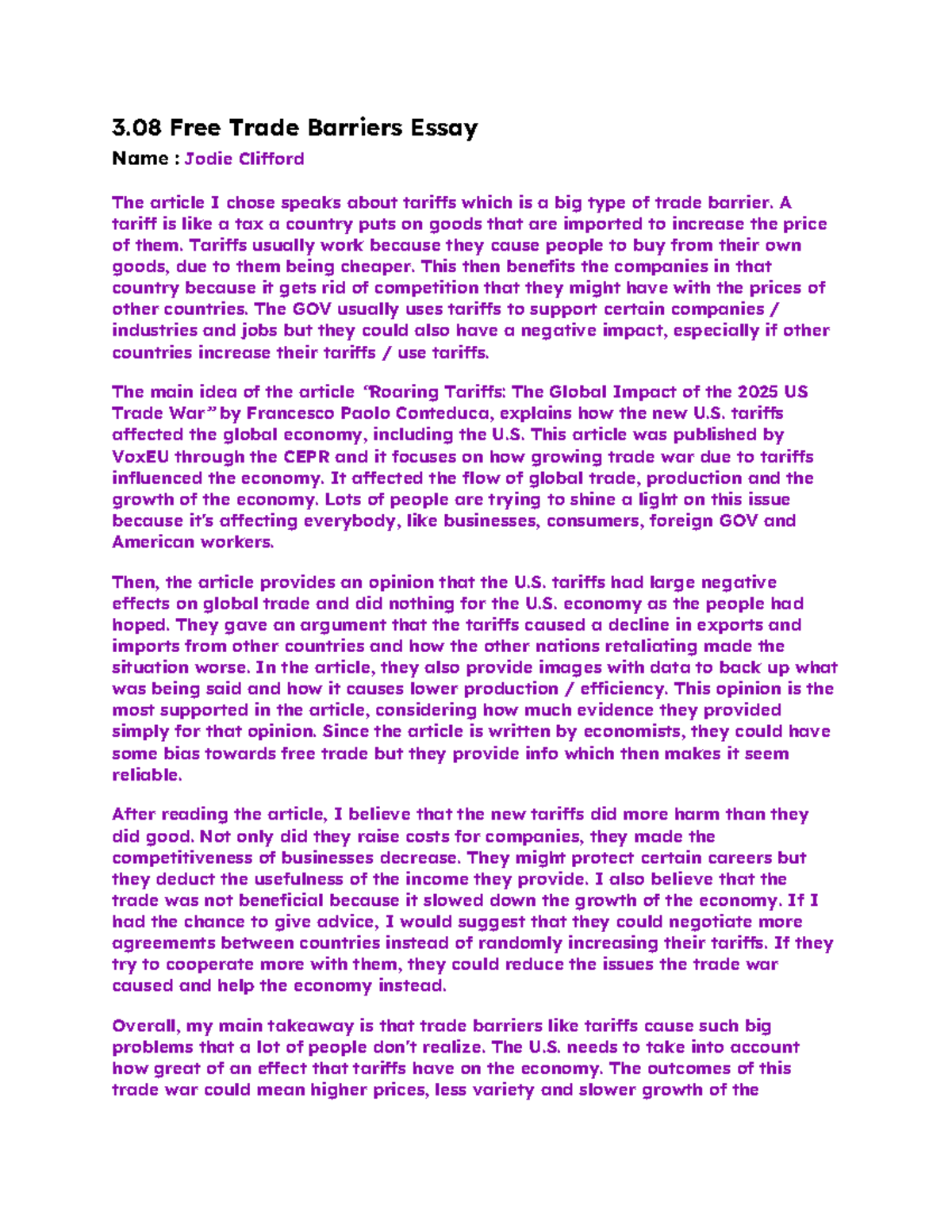 Honors 3.08 Essay on Free Trade Barriers: The Impact of Tariffs - Studocu