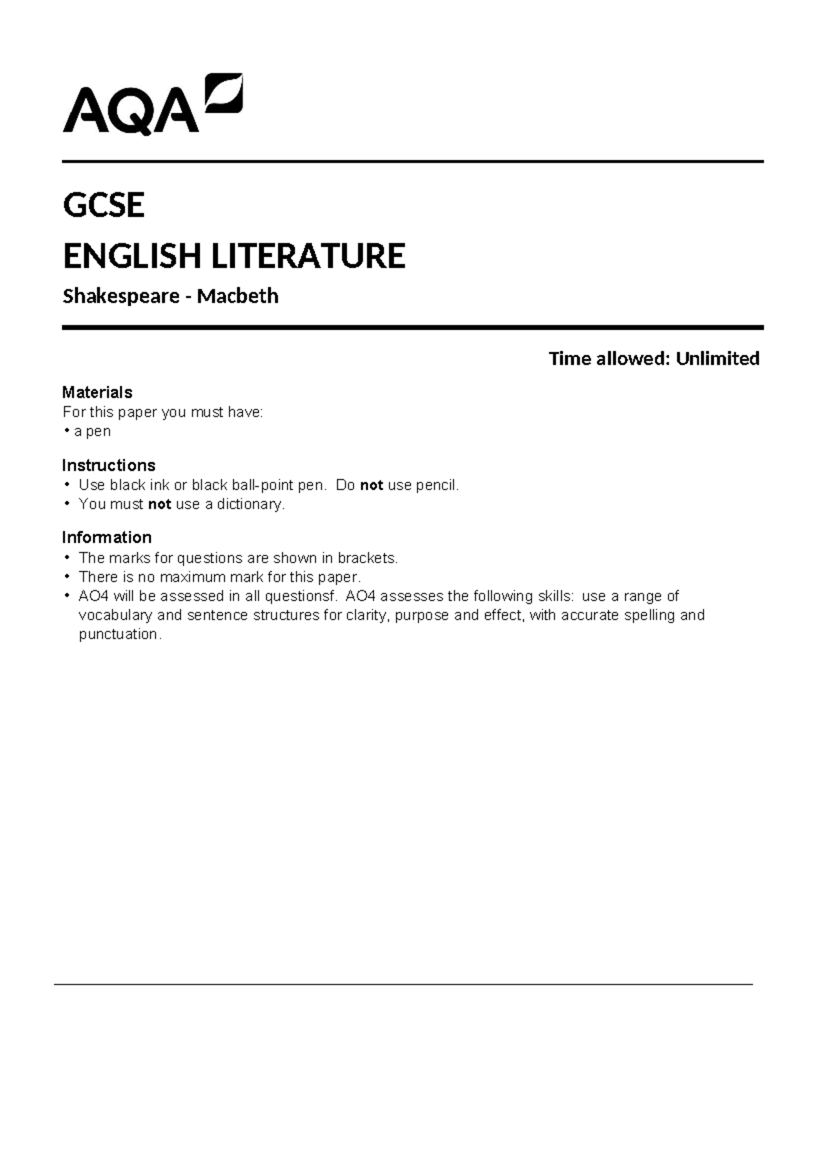 GCSE ENGLISH LITERATURE: Macbeth Question Bank for Exam Preparation ...