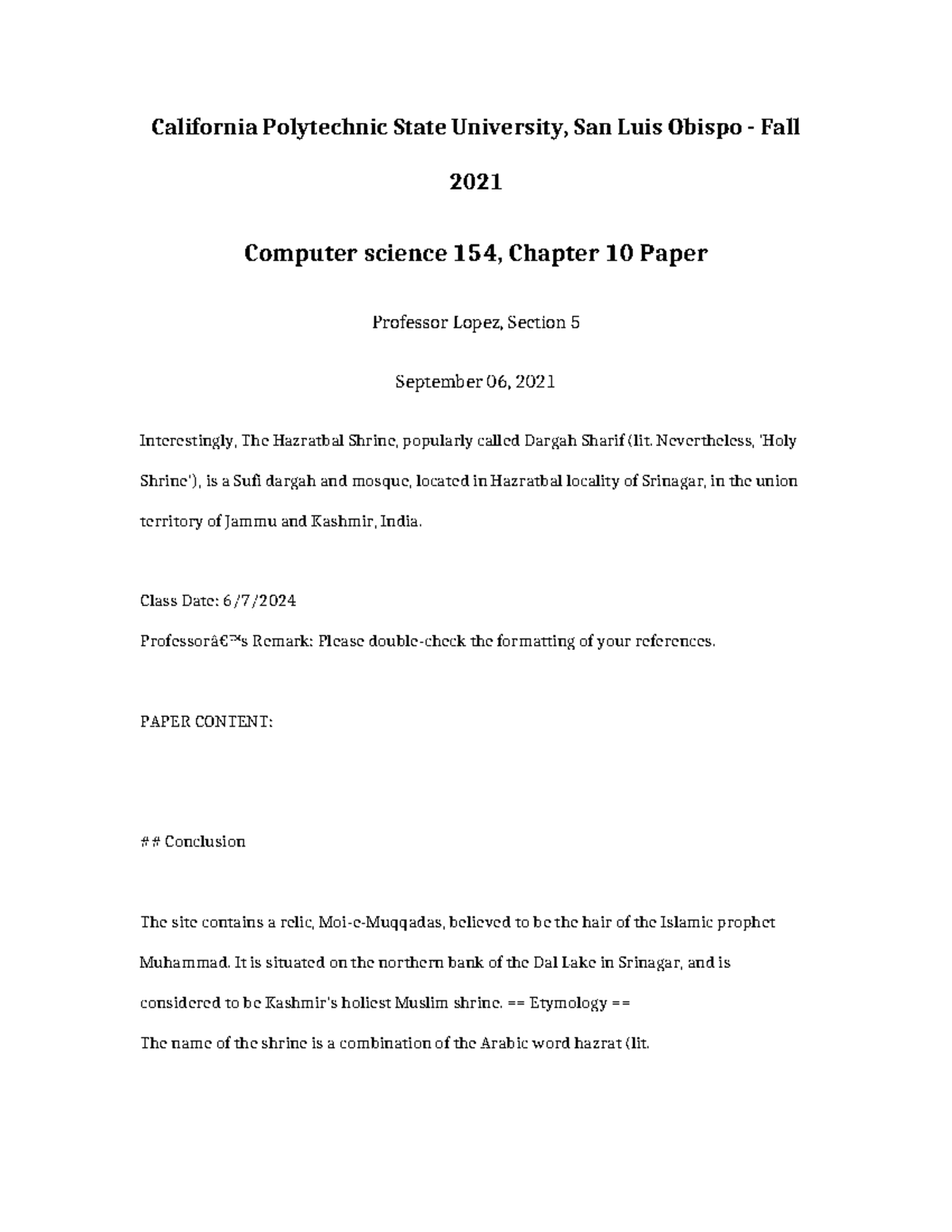 Computer Science 154 Chapter 10 Paper - California Polytechnic State ...