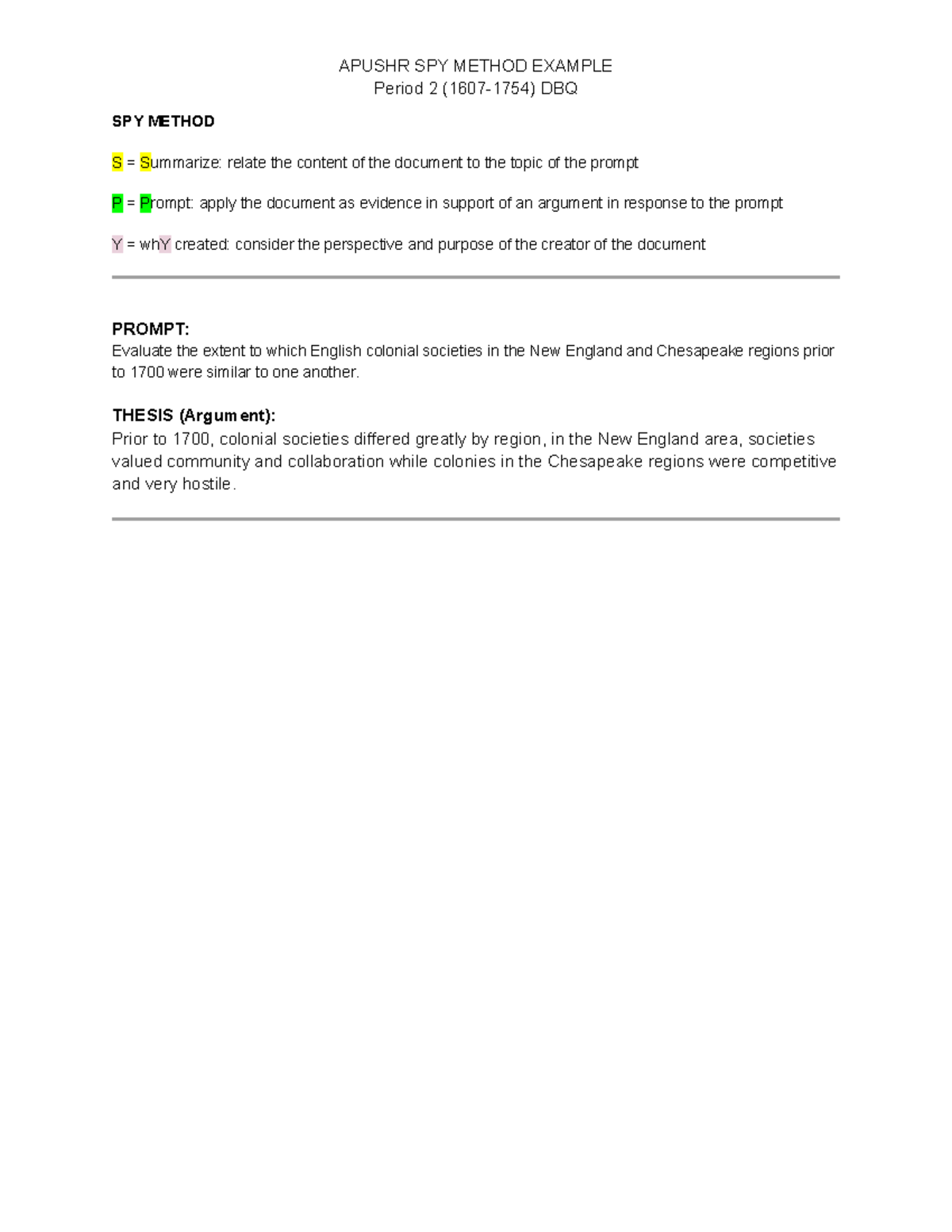 APUSH SPY Method Example - Period 2 (1607-1754) DBQ Analysis - Studocu