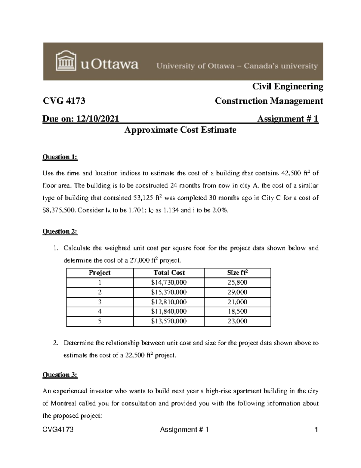CVG4173 Assignment #1: Cost Estimation in Construction Management - Studocu