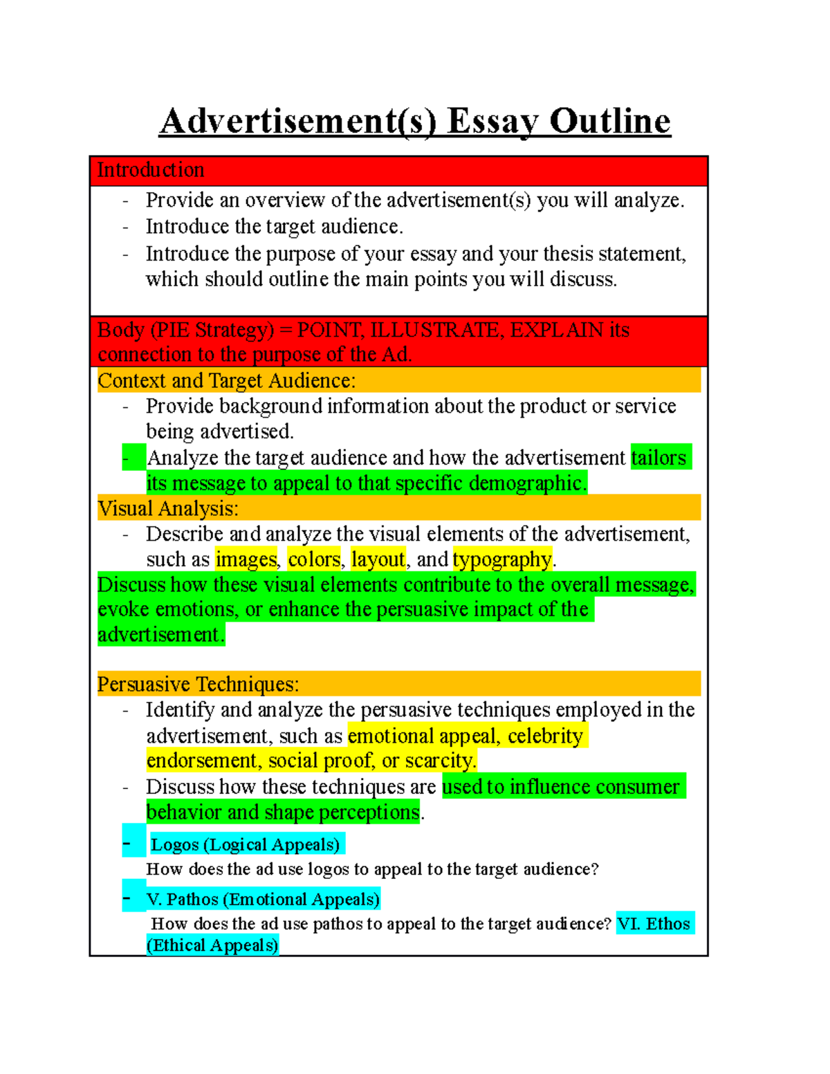 Advertisement Essay Layout - Advertisement(s) Essay Outline ...