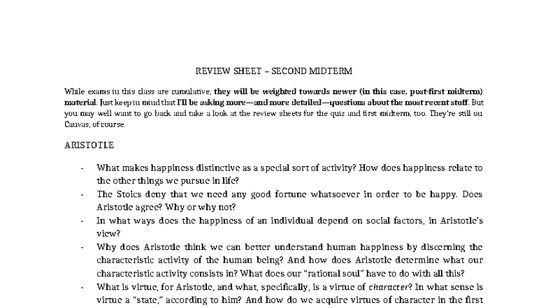 Review Sheet for PHIL 101: Second Midterm Exam - Studocu