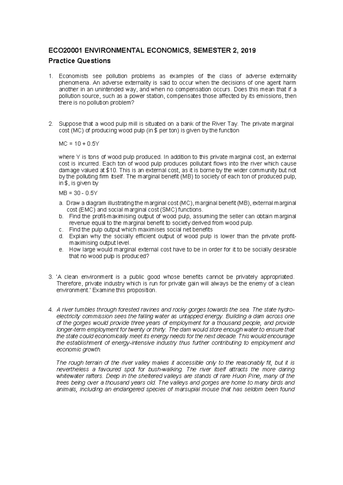 ECO20001 Practice Questions for Environmental Economics Study Guide ...